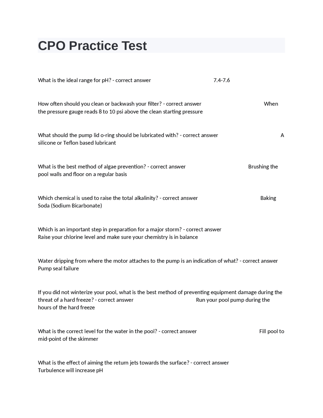 CPO Practice Test: Pool Maintenance Questions and Answers | Exams ...