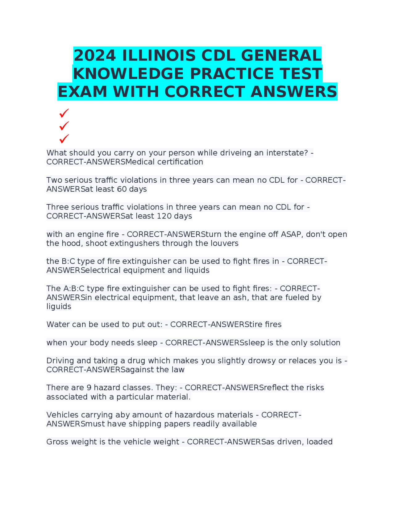 2024 ILLINOIS CDL GENERAL KNOWLEDGE PRACTICE TEST EXAM WITH CORRECT ...
