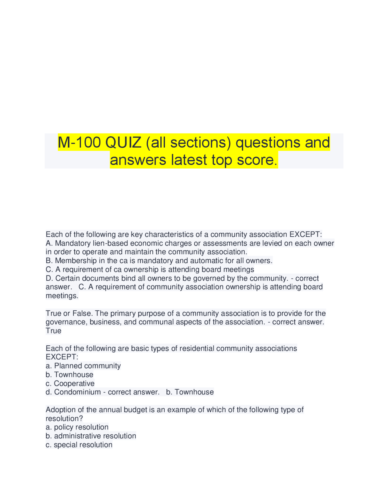 Community Association Management: Quiz Questions and Answers | Exams ...