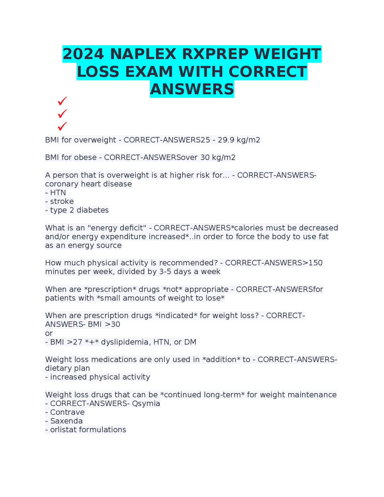 2024 NAPLEX RXPREP WEIGHT LOSS EXAM WITH CORRECT ANSWERS | Exams ...