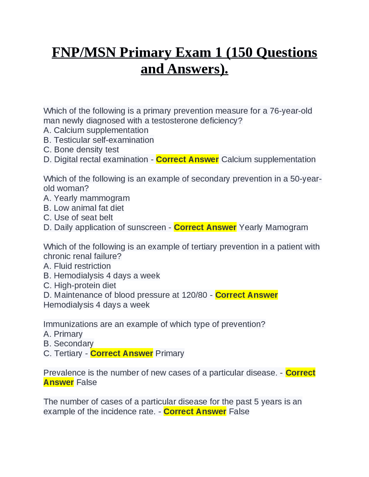 FNP/MSN Primary Exam 1: 150 Questions and Answers on Medical Concepts ...