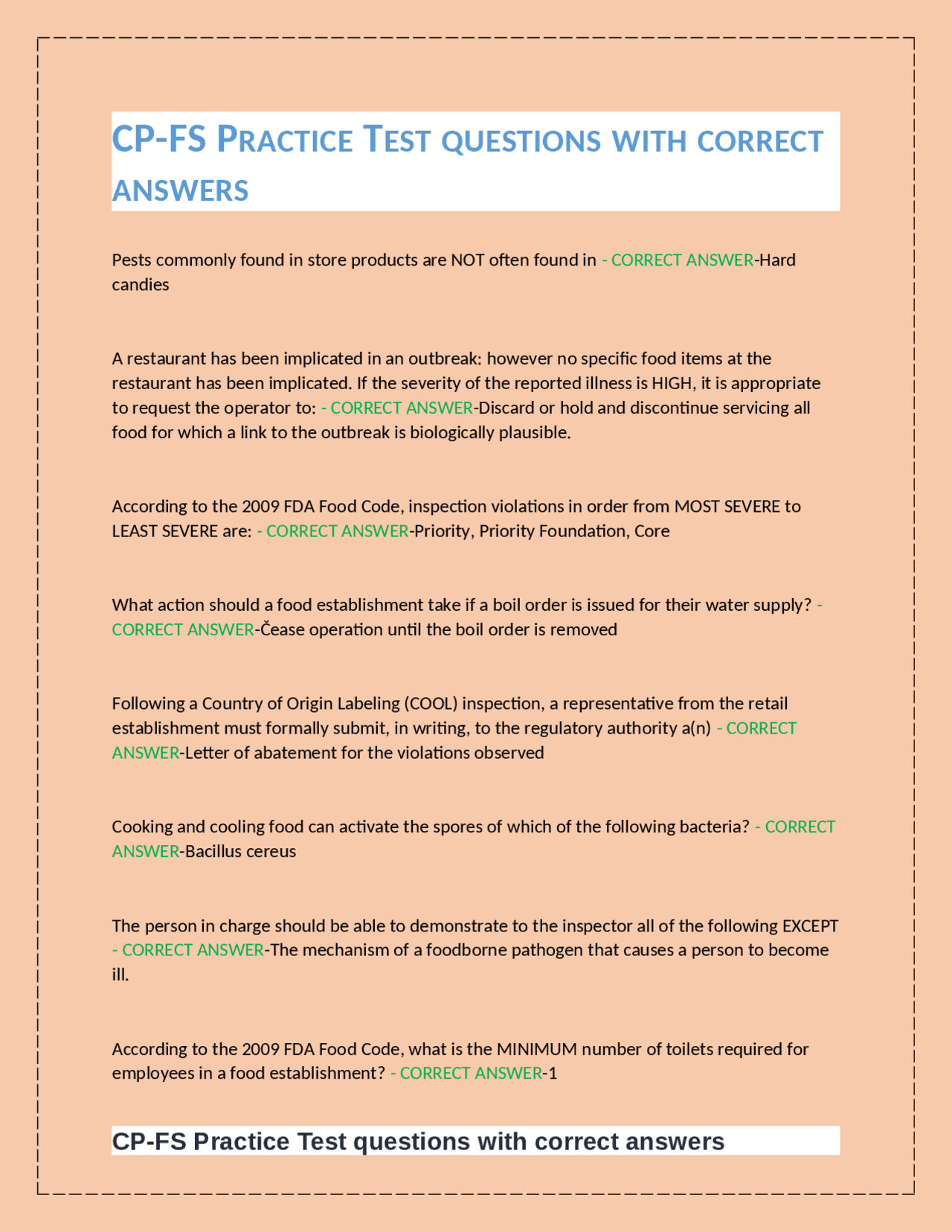 CP-FS Practice Test Questions with Correct Answers: Food Safety and ...