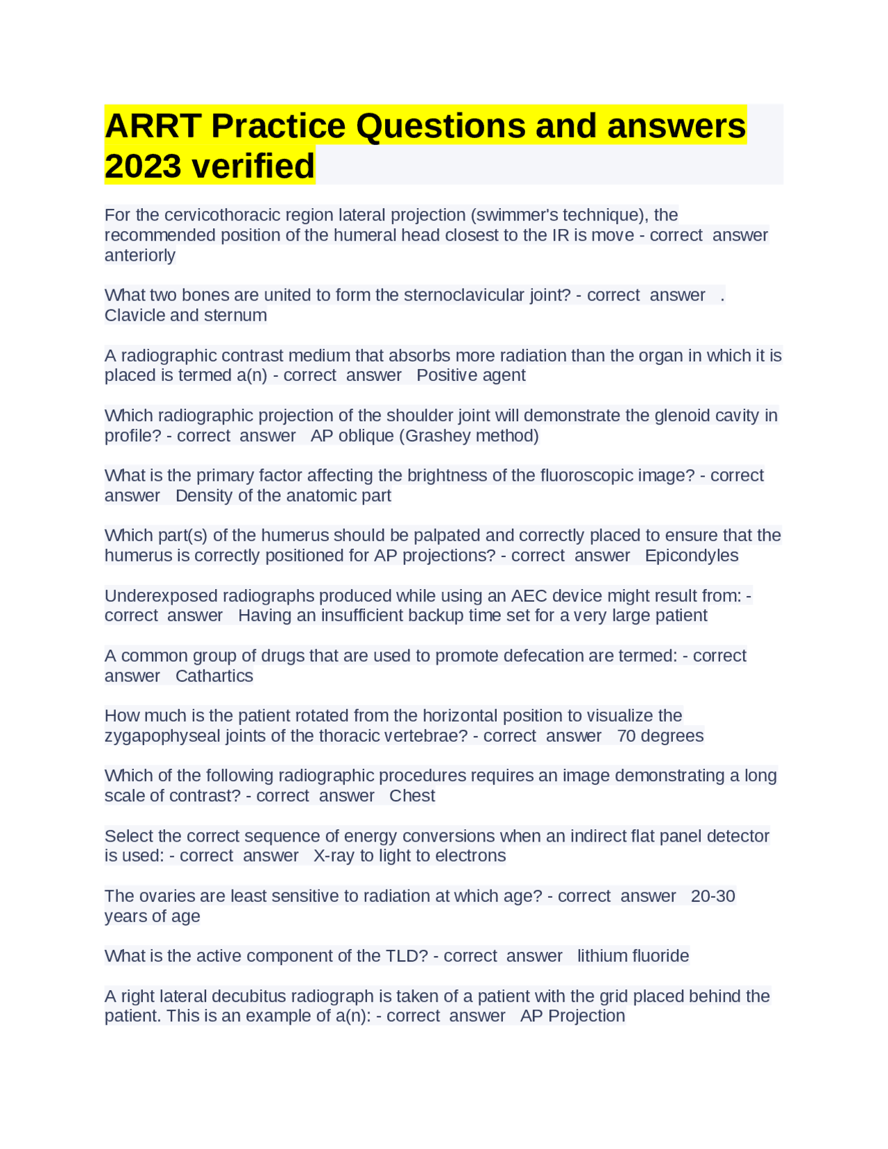 ARRT Practice Questions and Answers: Radiology Exam Preparation | Exams Nursing | Docsity