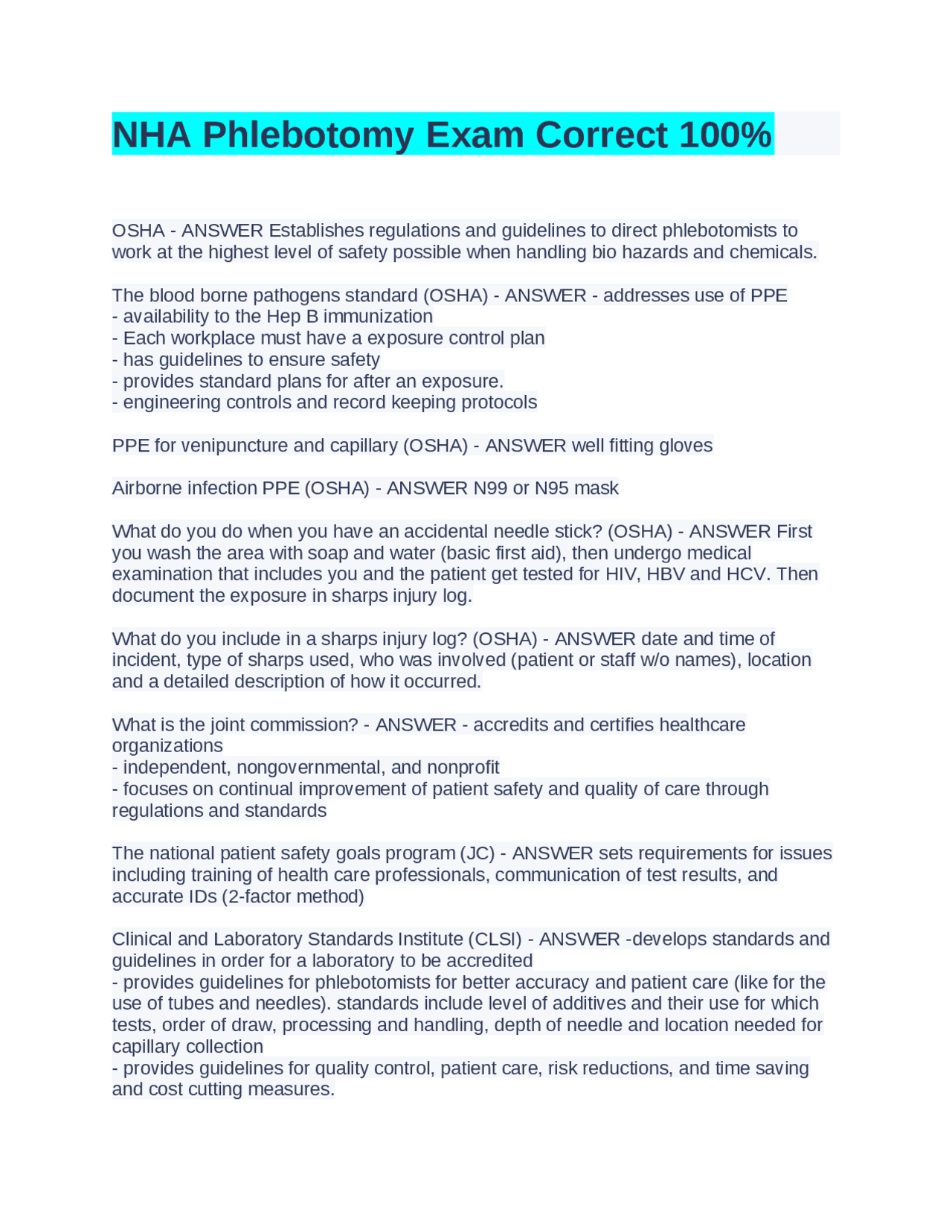 Phlebotomy Exam Questions and Answers: OSHA, Joint Commission, CLSI ...