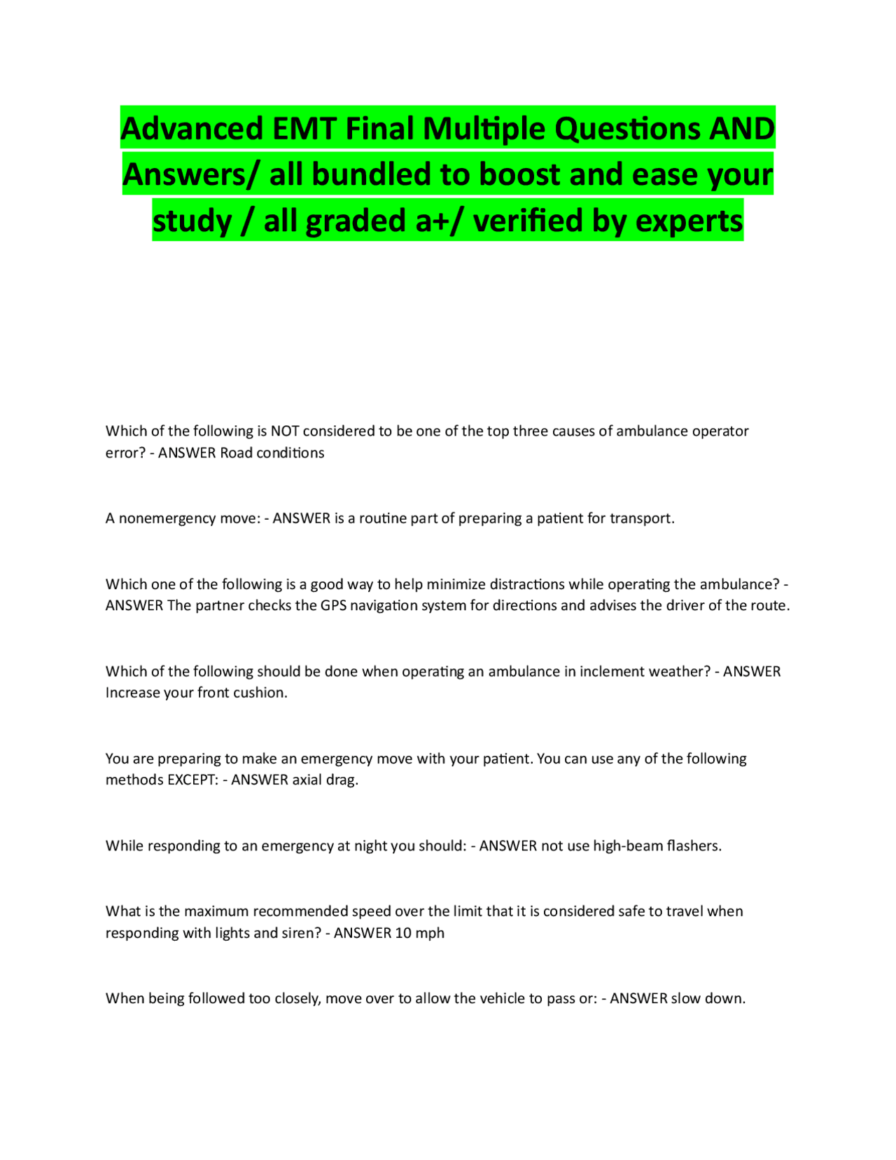 Advanced EMT Final Multiple Choice Questions and Answers | Exams Nursing | Docsity