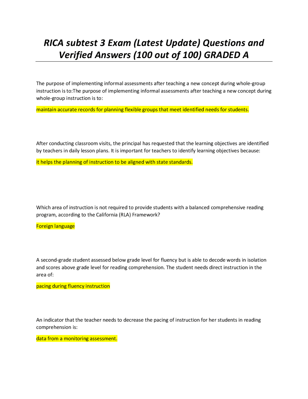 RICA subtest 3 Exam (Latest Update) Questions and Verified Answers (100 ...