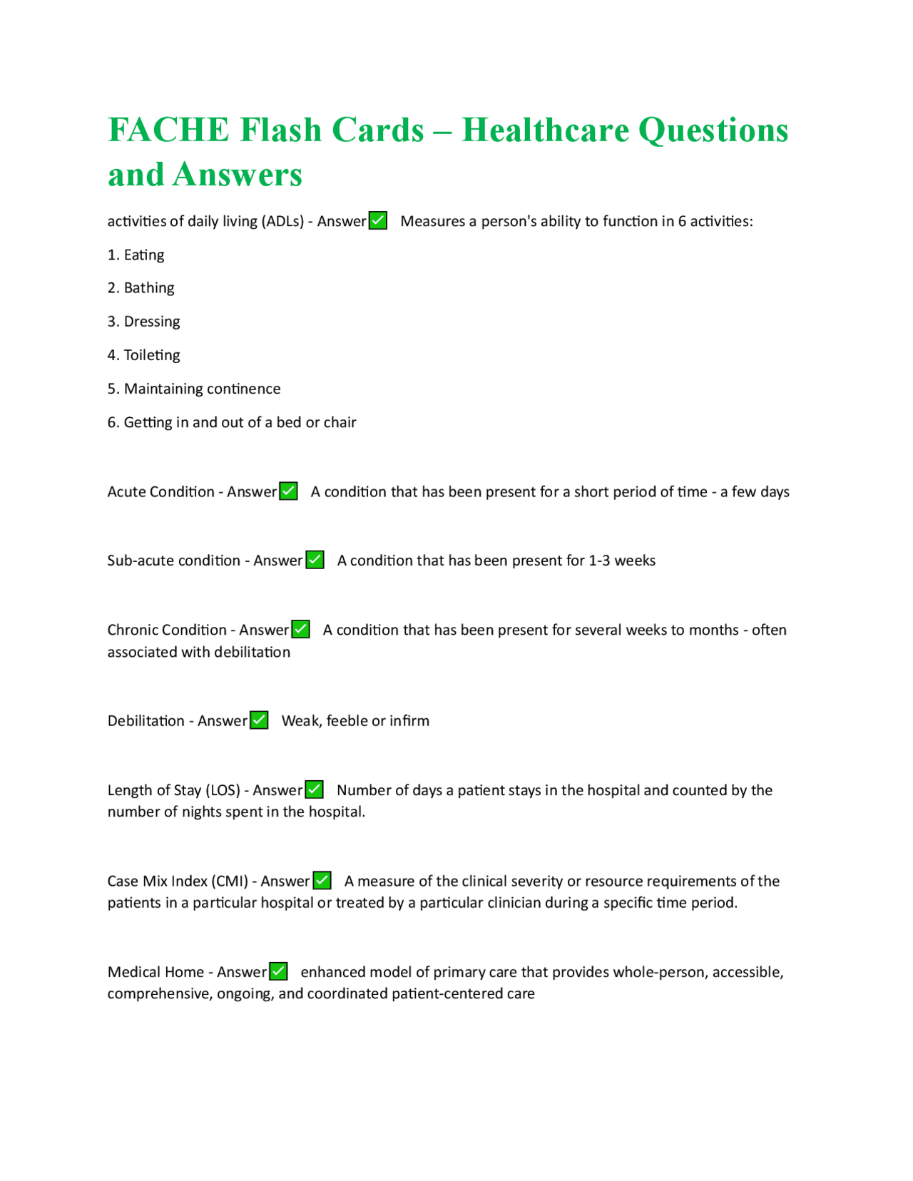 Healthcare Flash Cards: Definitions and Explanations | Exams Advanced Education | Docsity