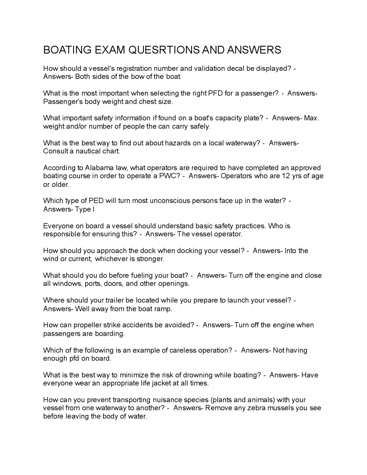 Boating Safety Exam Questions and Answers: Alabama | Exams Social ...