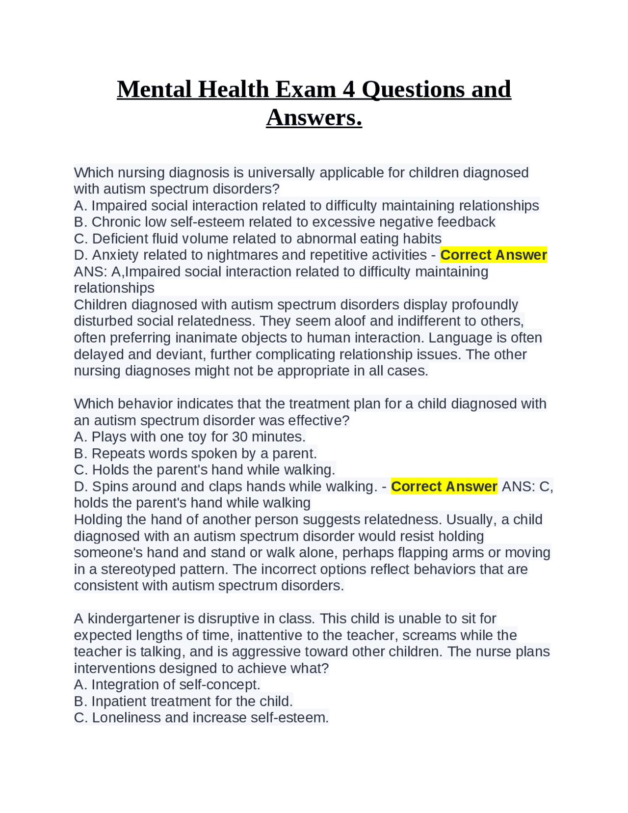 Mental Health Exam 4: Questions and Answers for Nursing Students ...