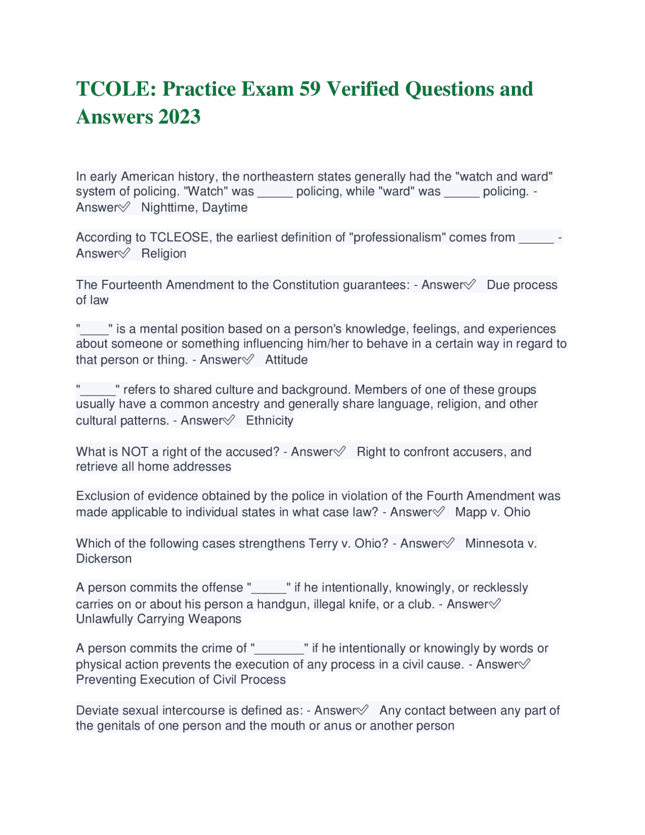 TCOLE Practice Exam 59: Verified Questions and Answers 2023 | Exams Law ...