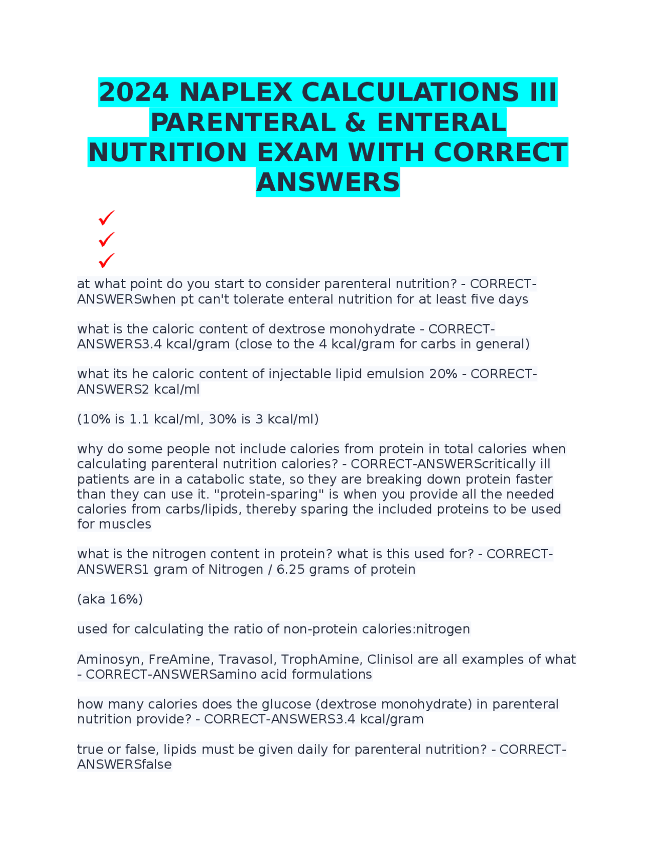 NAPLEX Calculations III: Parenteral & Enteral Nutrition Exam with ...