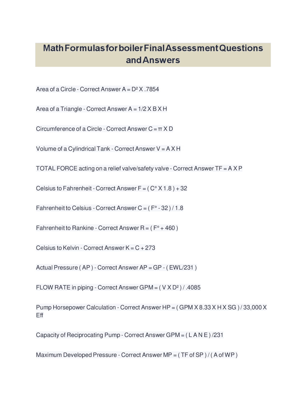 Math Formulas for boiler Final Assessment Questions and Answers | Exams ...
