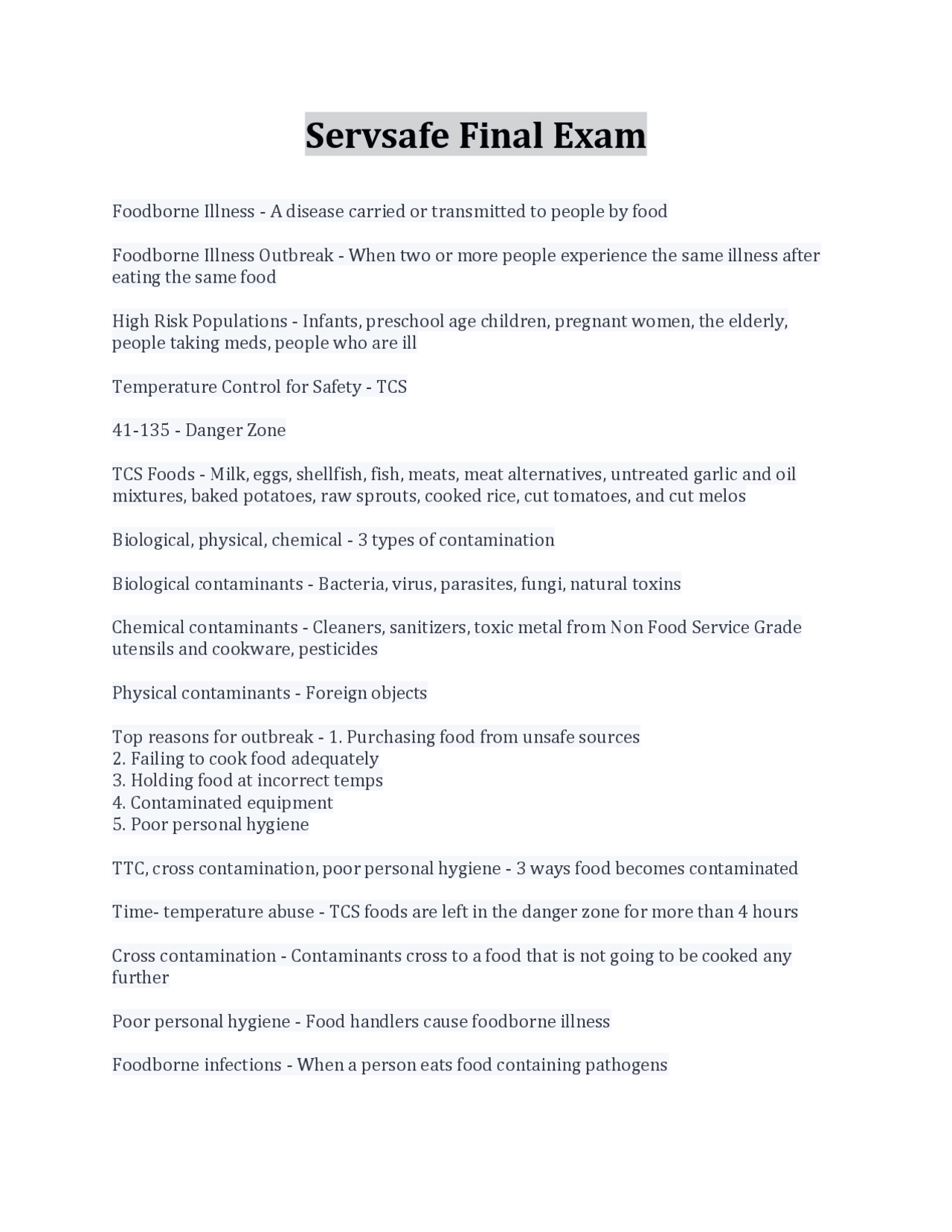 ServSafe Final Exam: Food Safety and Handling | Exams Health sciences ...