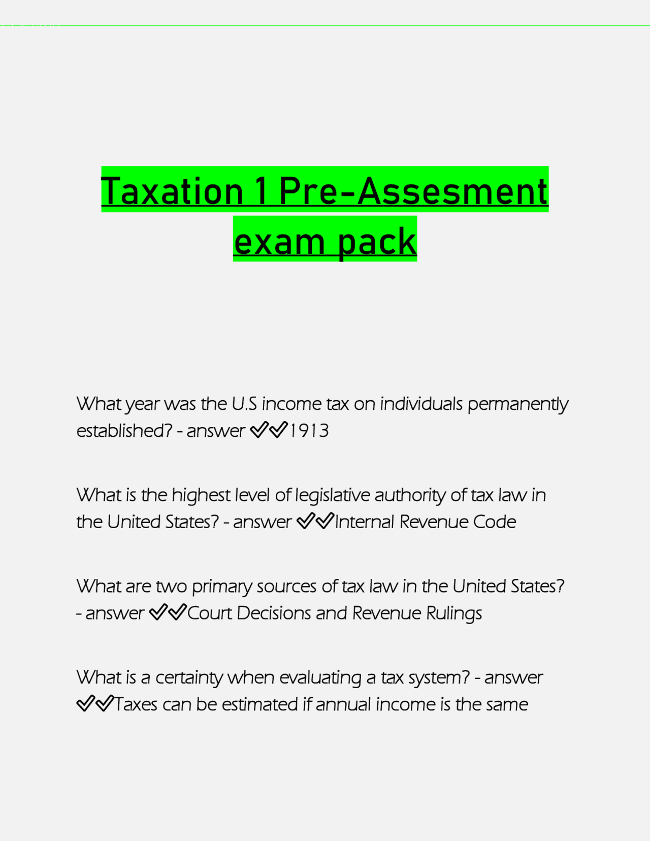 Taxation 1 Pre-Assessment Exam Pack: Questions and Answers | Exams ...
