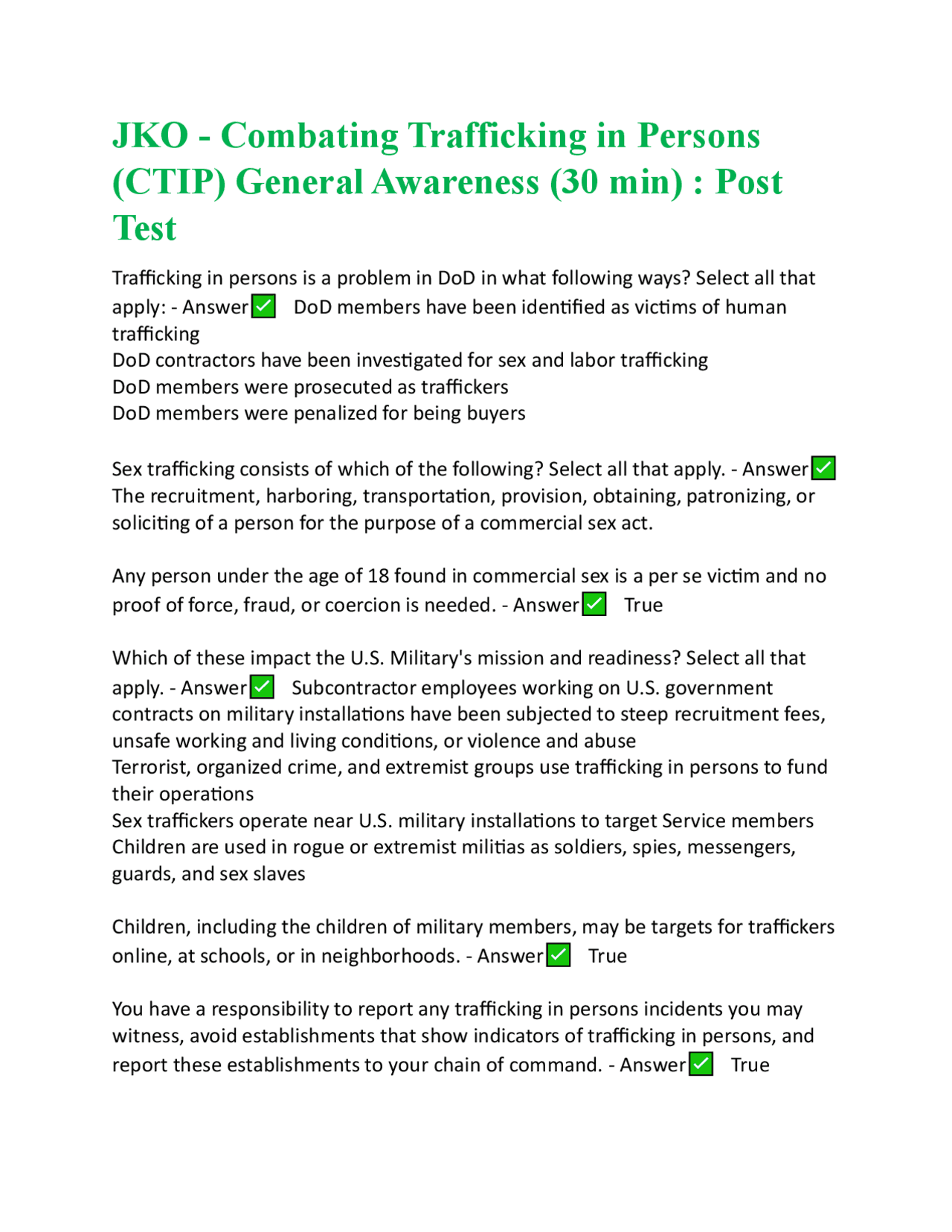 Combating Trafficking in Persons (CTIP) General Awareness: Post Test ...