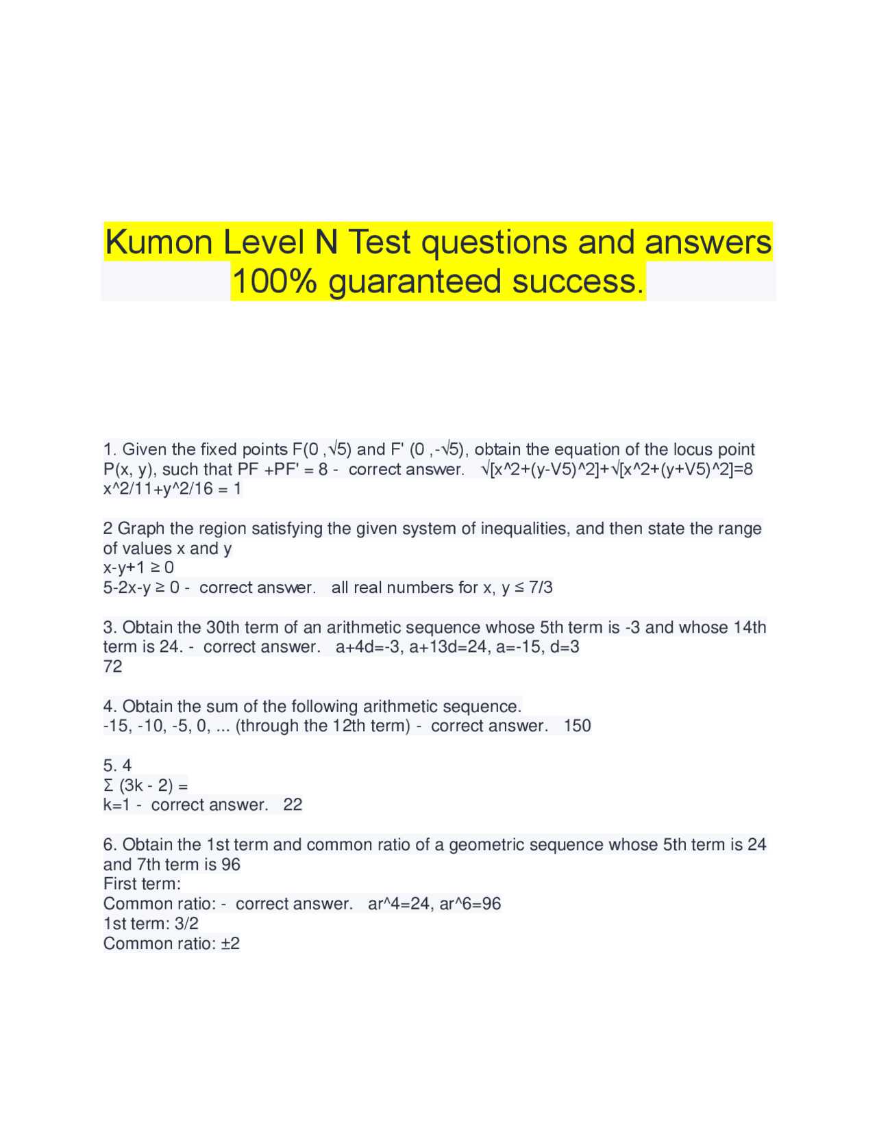 Kumon Level N Test questions and answers 100% guaranteed success ...