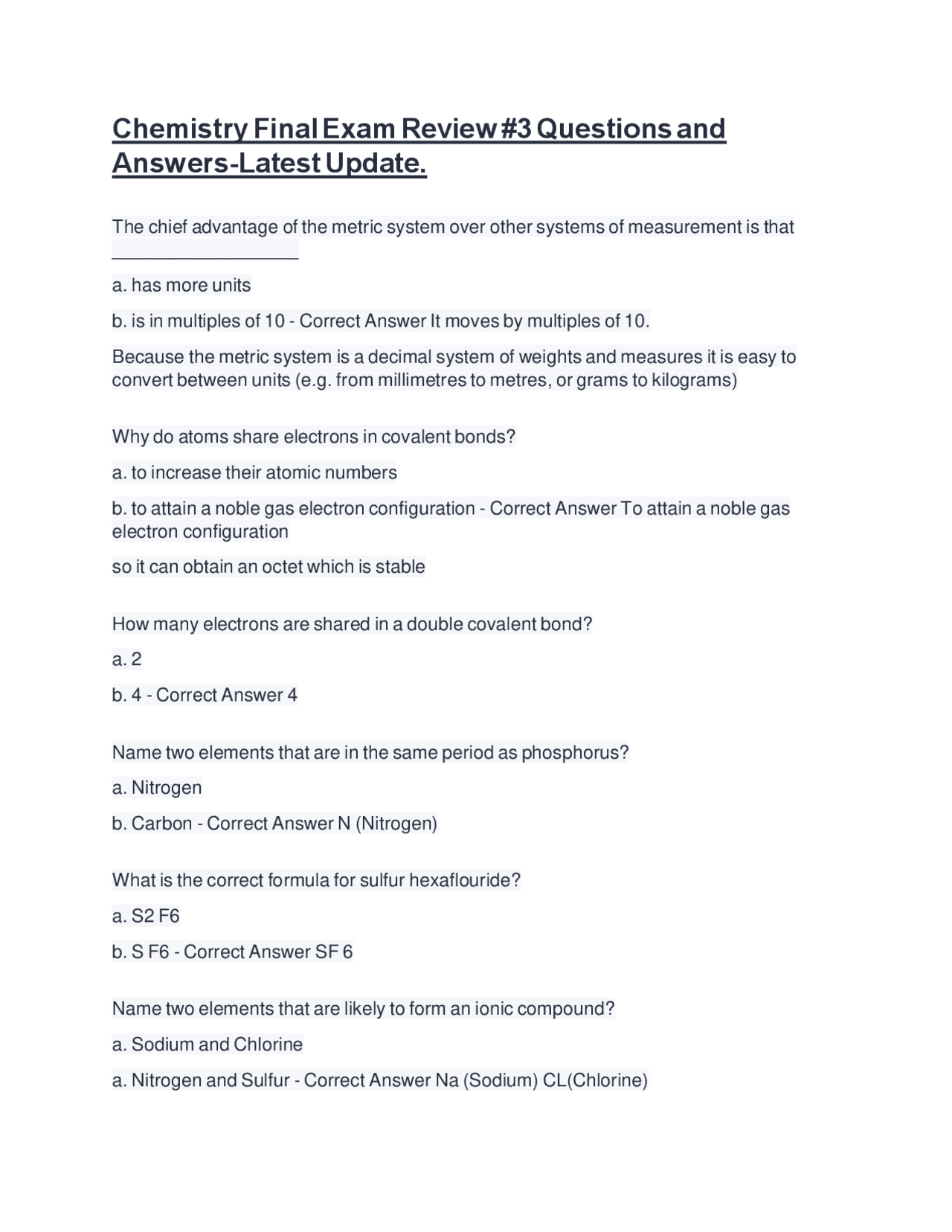 Chemistry Final Exam Review #3: Questions and Answers | Exams Chemistry ...