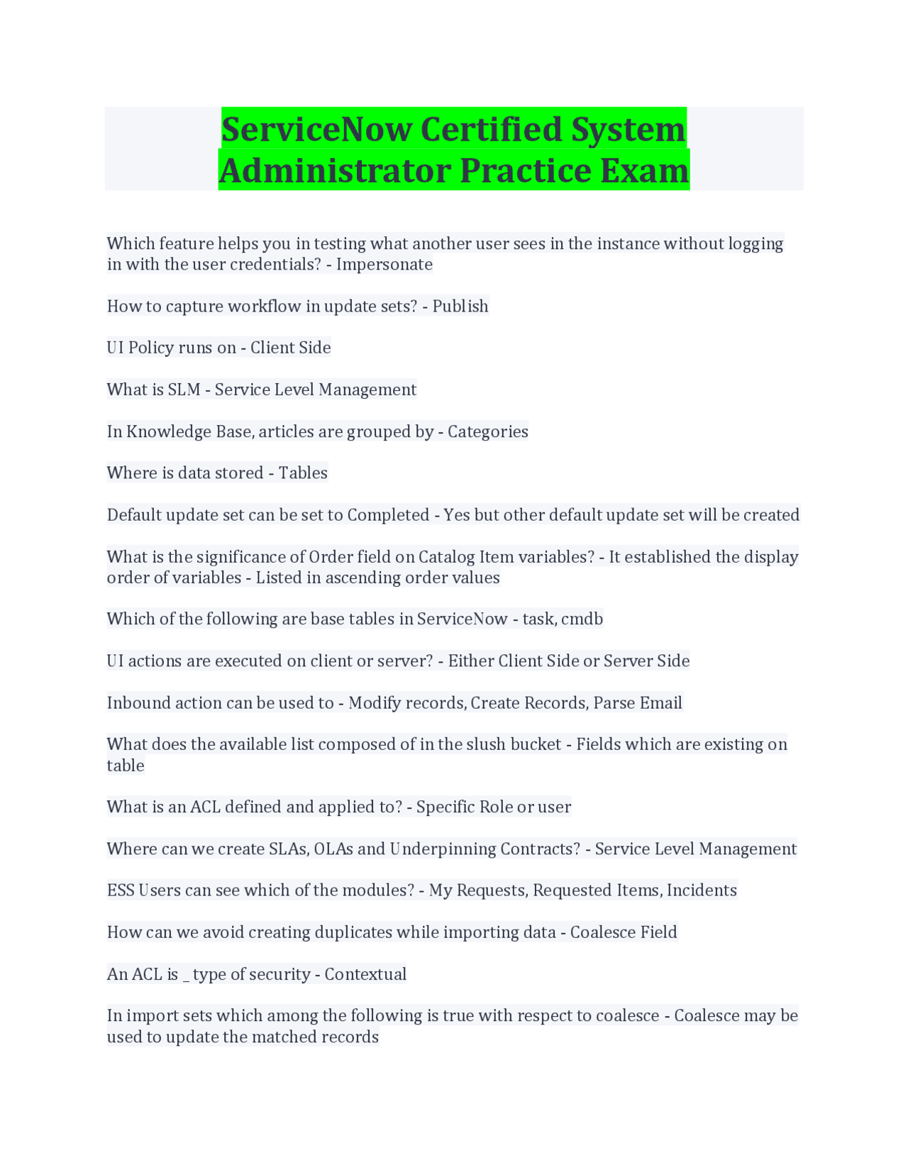 ServiceNow Certified System Administrator Practice Exam | Exams Computer Science | Docsity