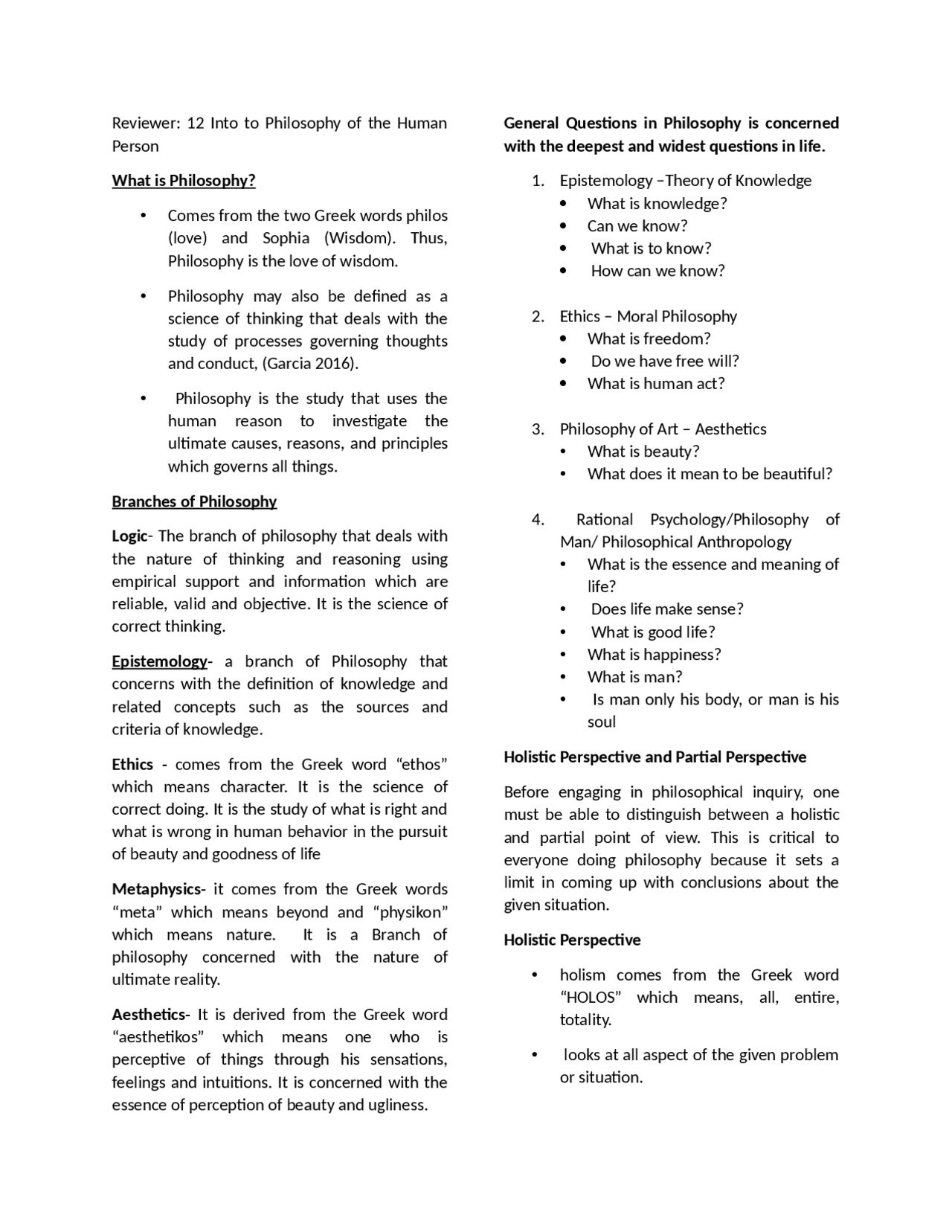 Introduction To Philosophy Reviewer Study Notes Philosophy Docsity