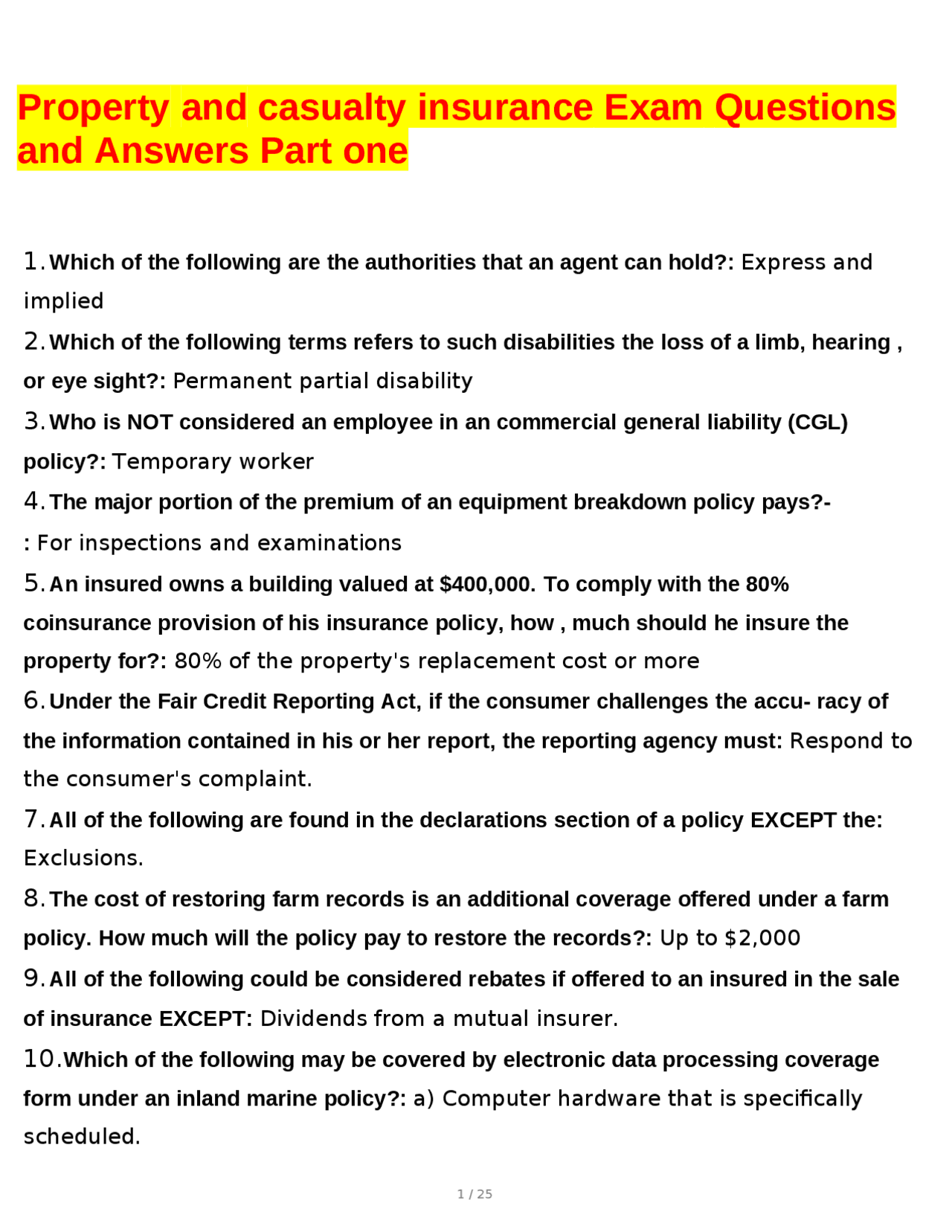 Property and casualty insurance Exam Questions and Answers Part one ...