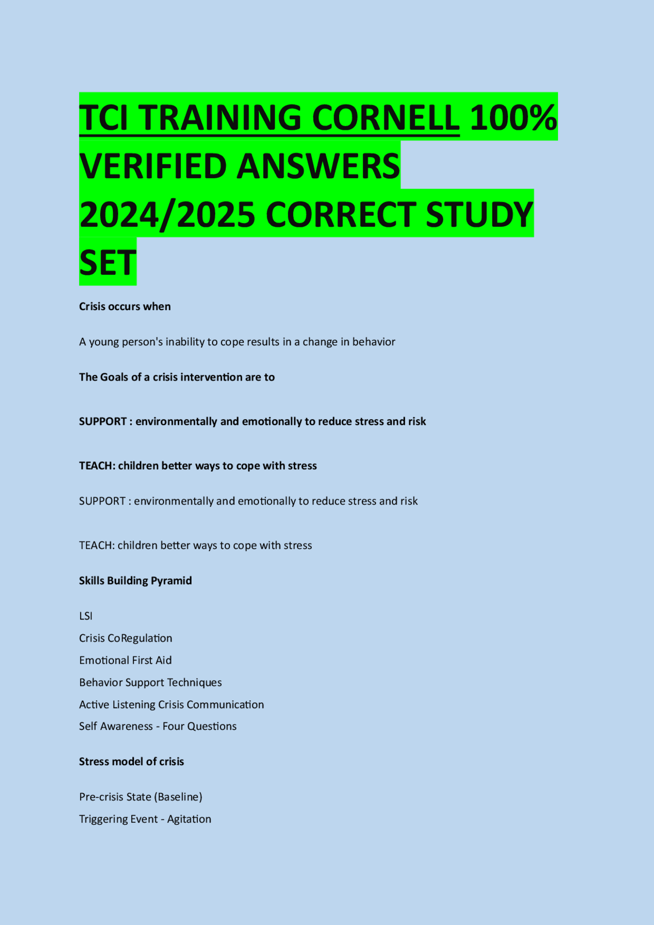 TCI TRAINING CORNELL 100% VERIFIED ANSWERS 2024/2025 CORRECT STUDY SET ...