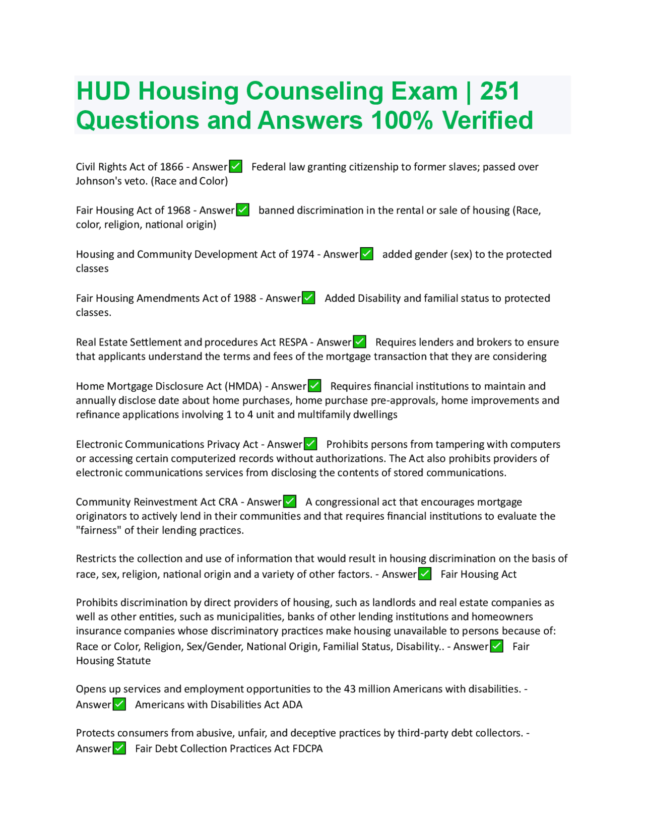 HUD Housing Counseling Exam: Questions and Answers | Exams Nursing ...