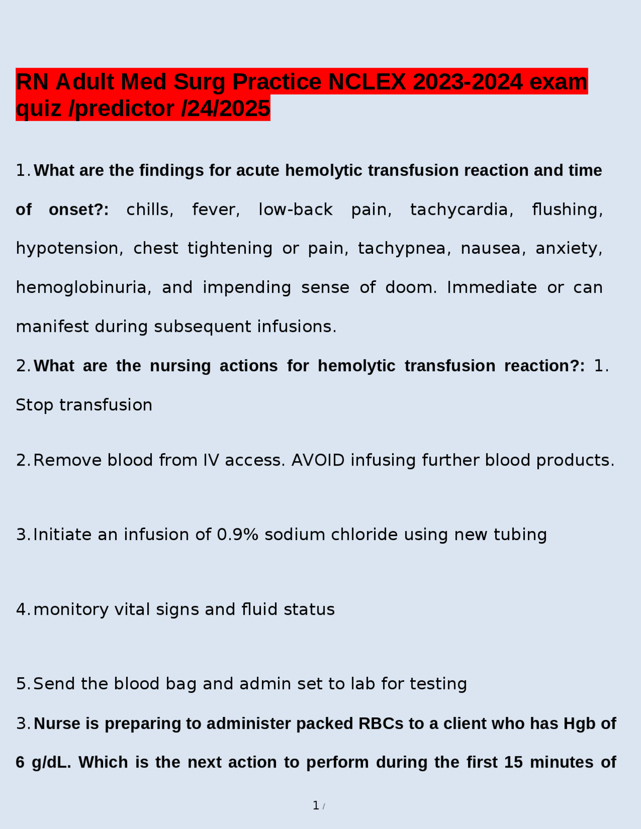 Transfusion Reactions: NCLEX Practice Questions | Quizzes Nursing | Docsity