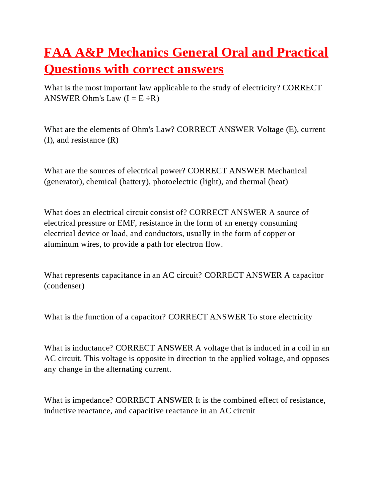 FAA A&P Mechanics General Oral and Practical Questions with correct ...