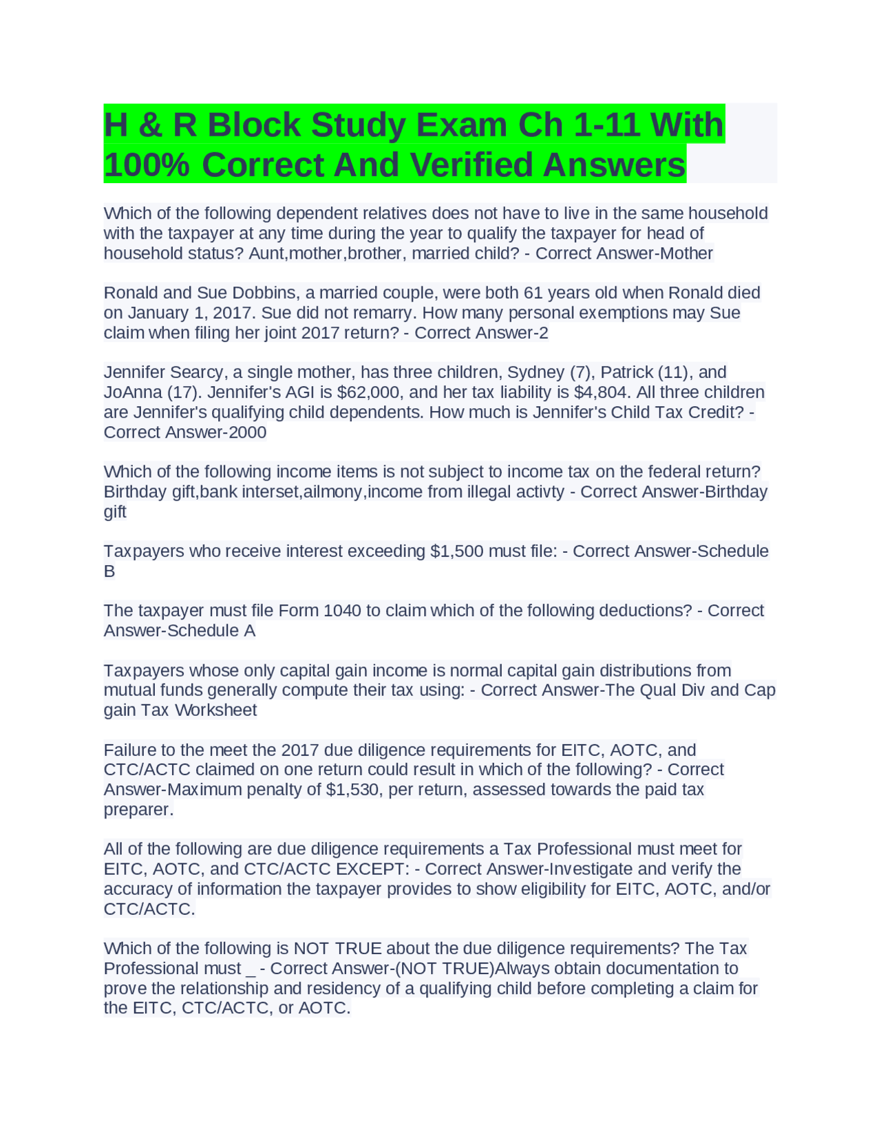 H & R Block Study Exam Ch 1-11 With 100% Correct And Verified Answers ...