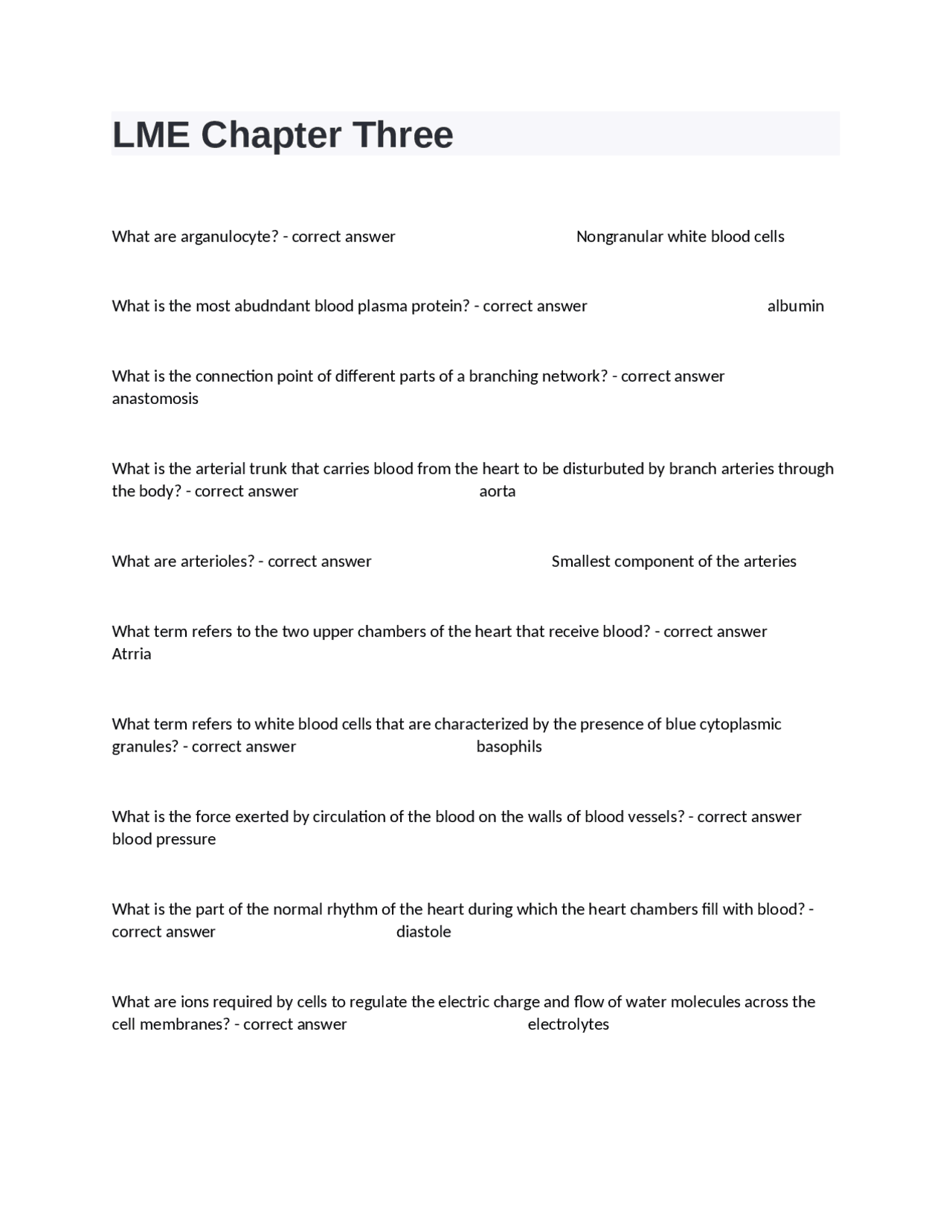 LME Chapter Three: Human Anatomy and Physiology Quiz | Exams Nursing | Docsity