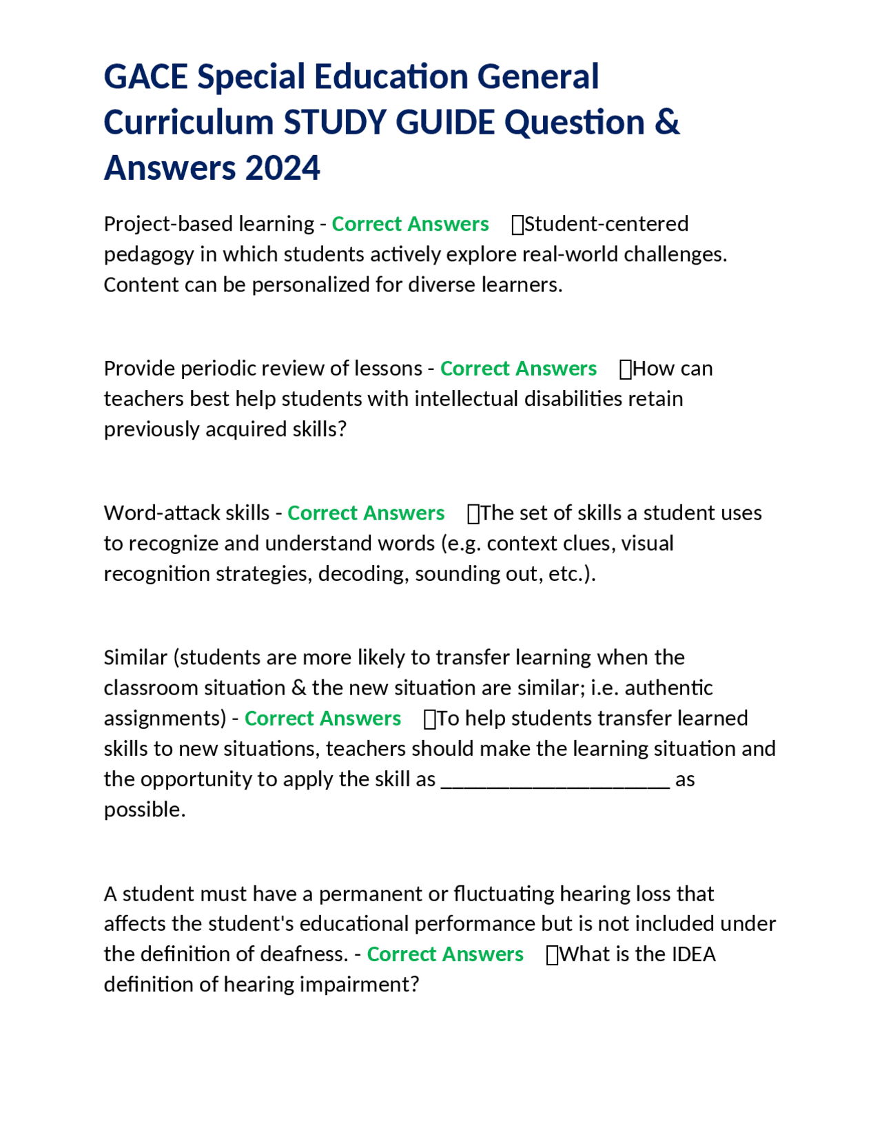 GACE Special Education General Curriculum Study Guide: Questions ...