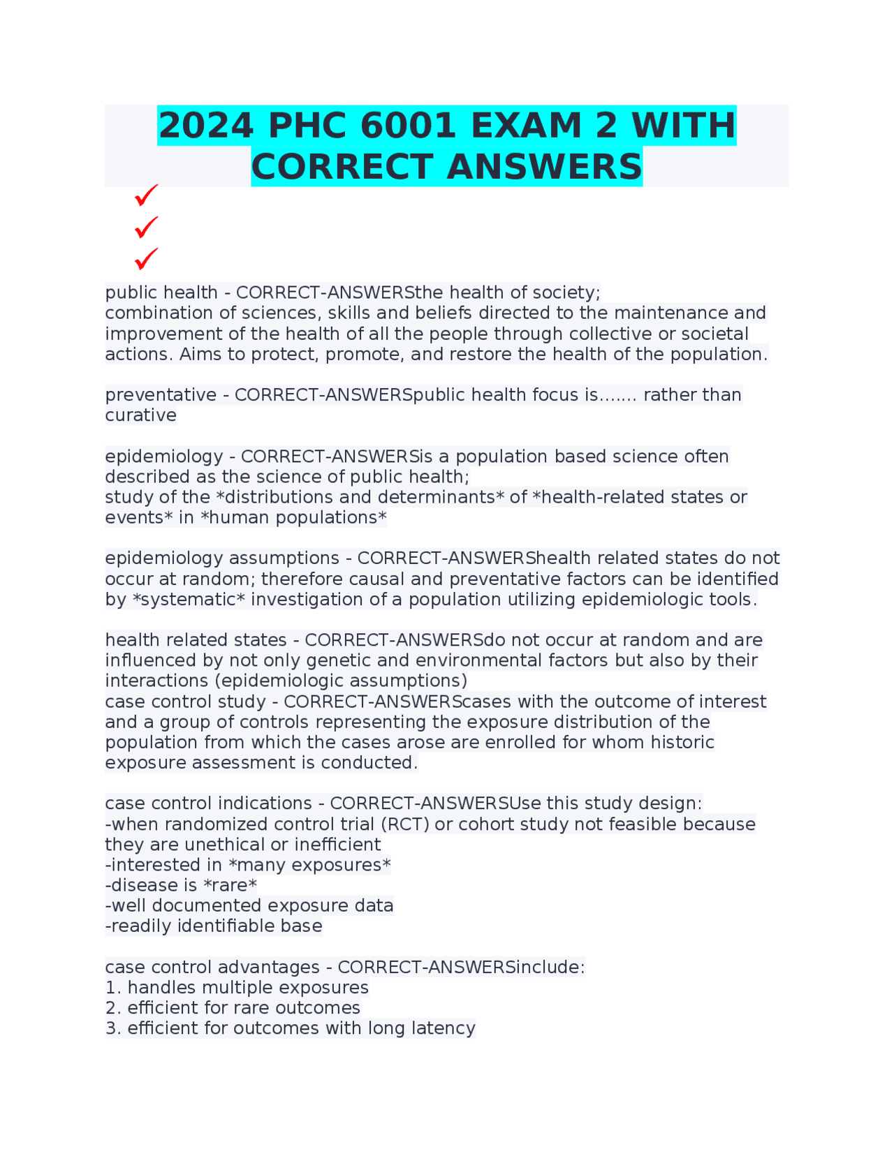 PHC 6001 Exam 2: Public Health Concepts and Epidemiology | Exams Advanced Education | Docsity