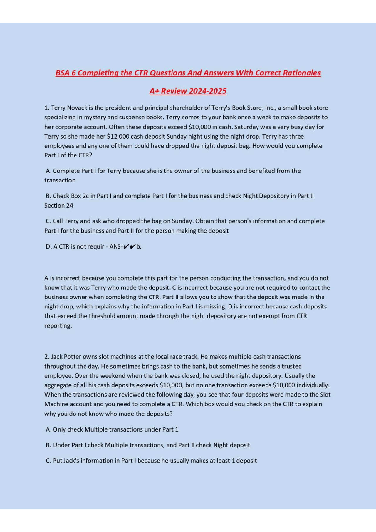 BSA 6 Completing the CTR Questions And Answers With Correct Rationales ...