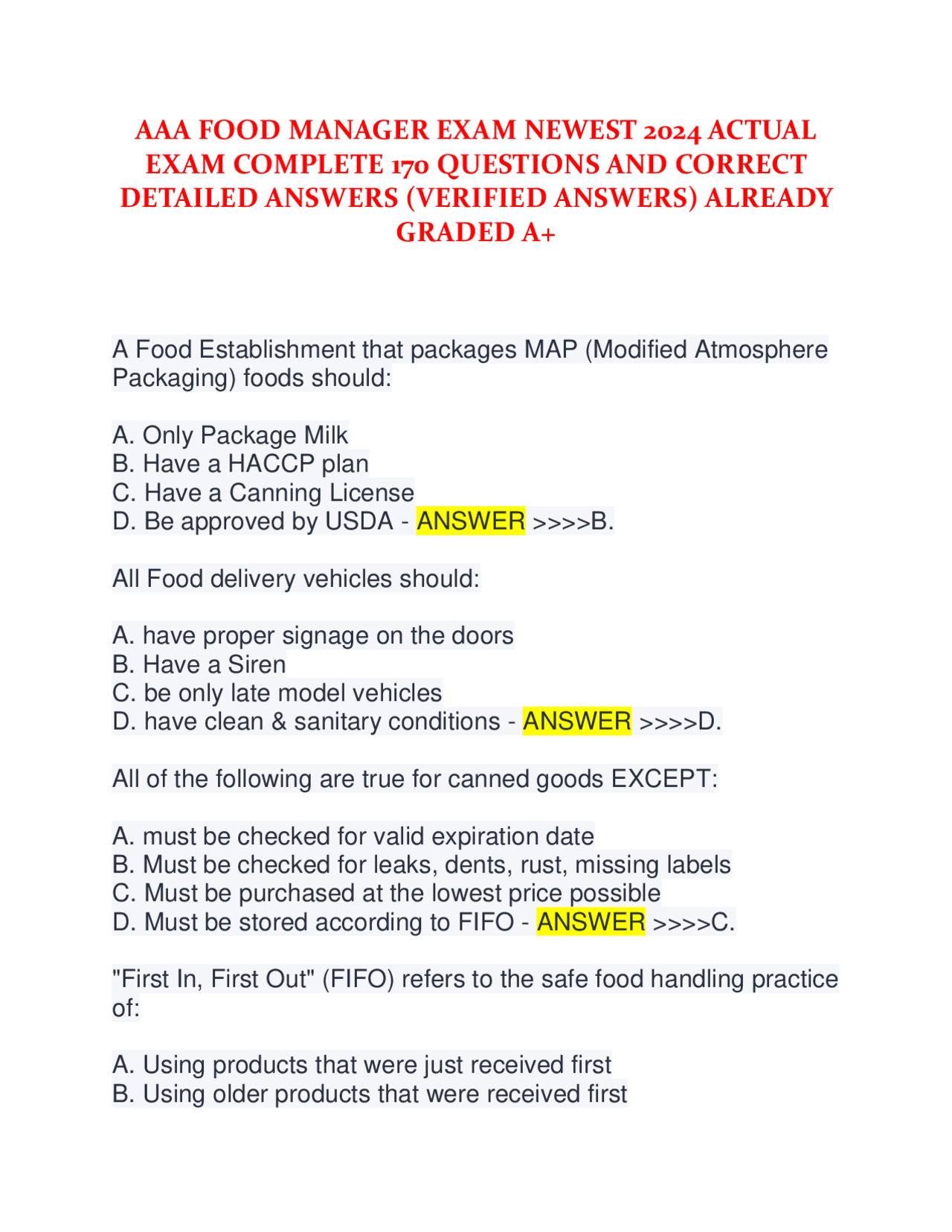 Food Manager Exam: 170 Questions and Answers | Exams Service Management ...