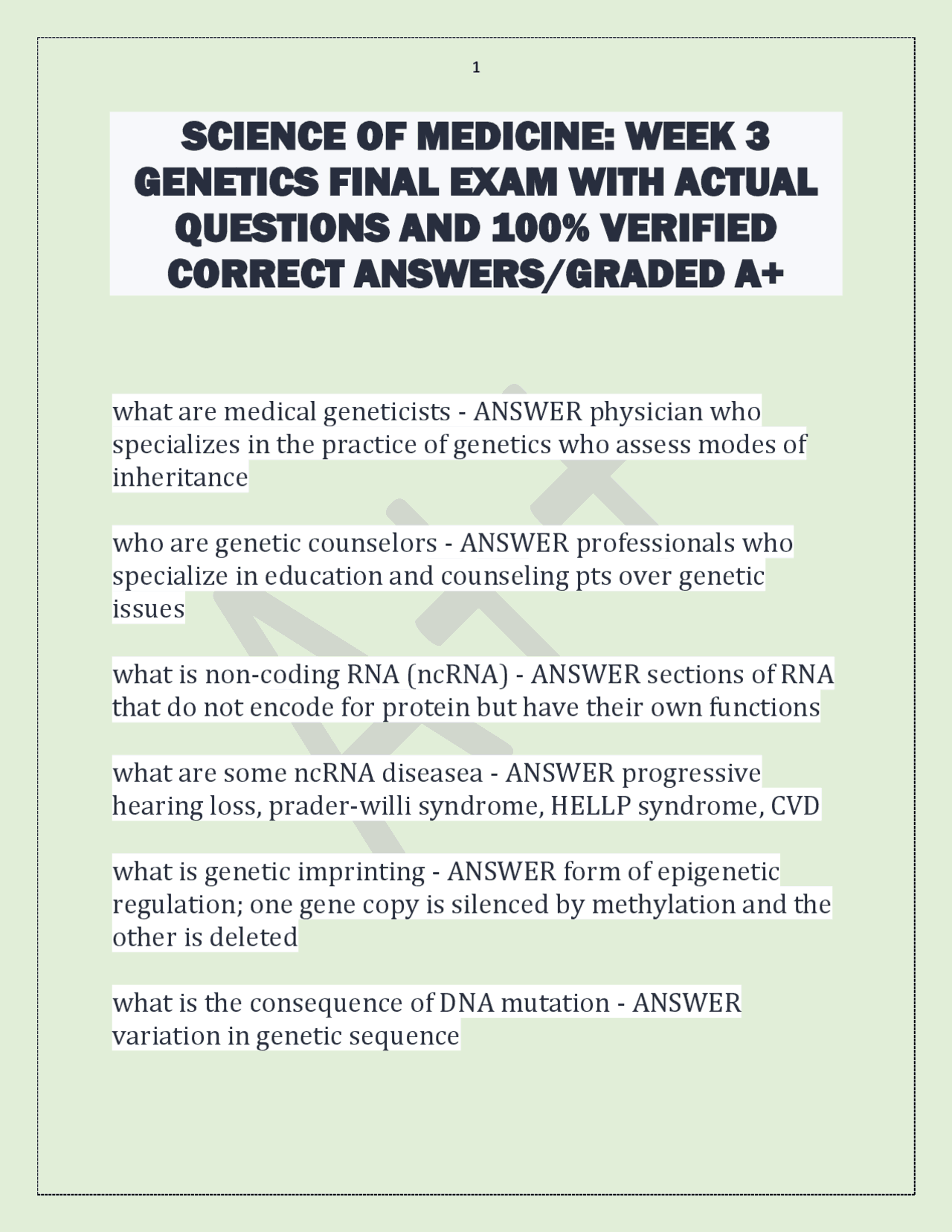 Genetics Final Exam: Questions and Answers | Exams Nursing | Docsity