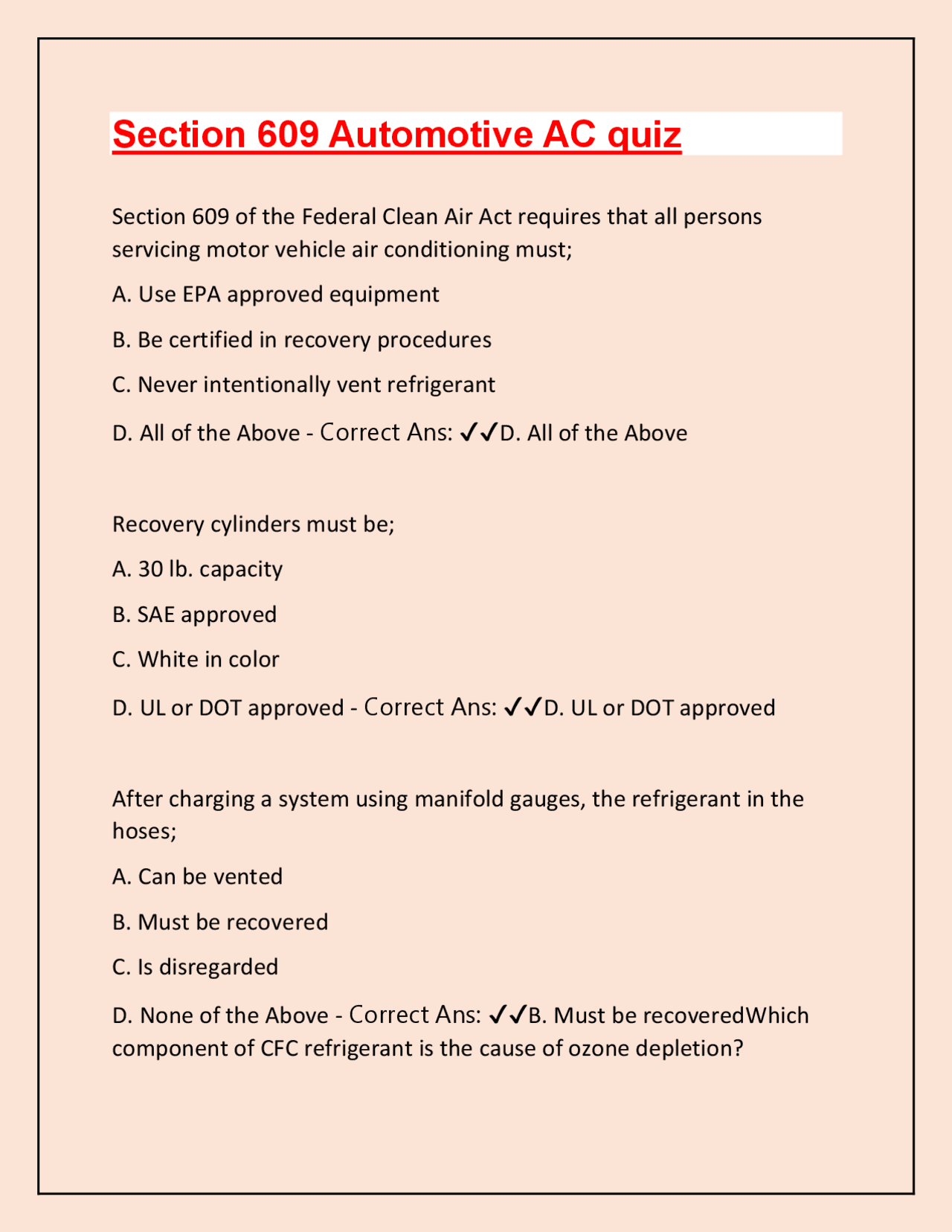 Section 609 Automotive AC Quiz: Multiple Choice Questions and Answers ...