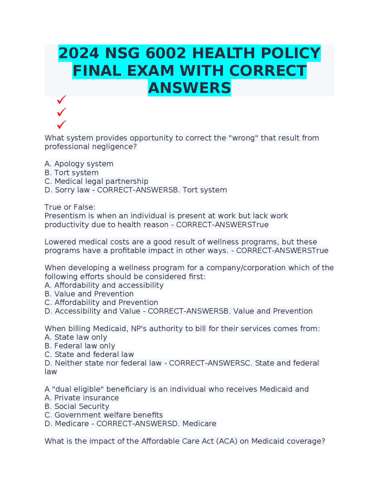 Health Policy Final Exam Questions and Answers | Exams Advanced ...