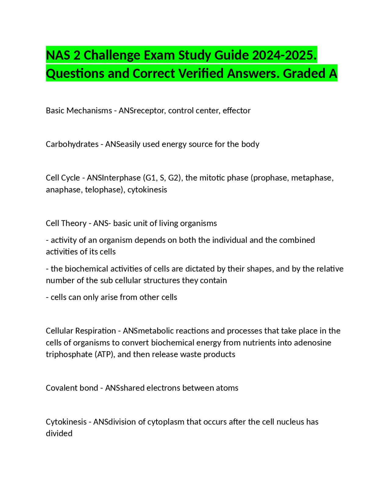 NAS 2 Challenge Exam Study Guide 2024-2025: Basic Biology Concepts ...