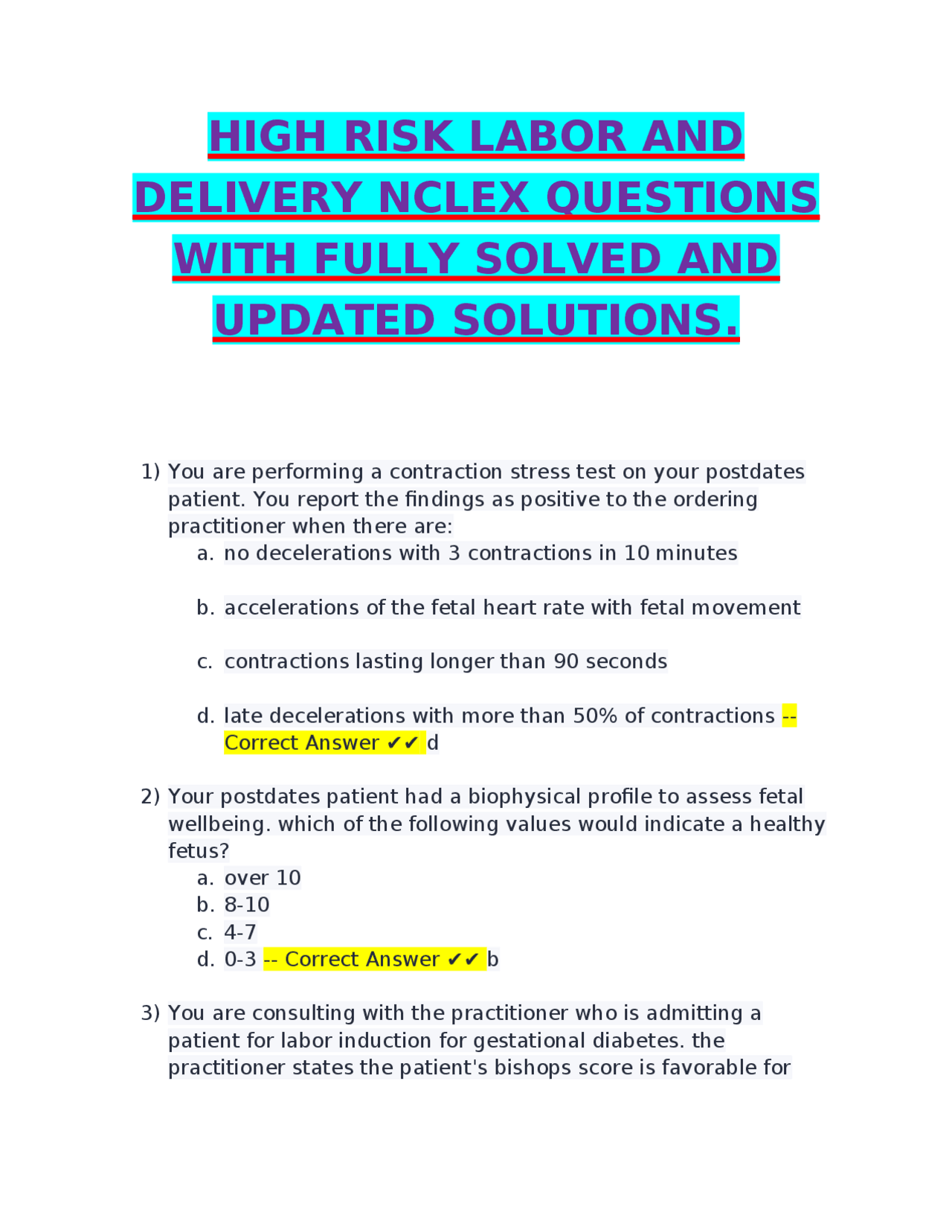 High Risk Labor and Delivery NCLEX Questions | Exams Nursing | Docsity