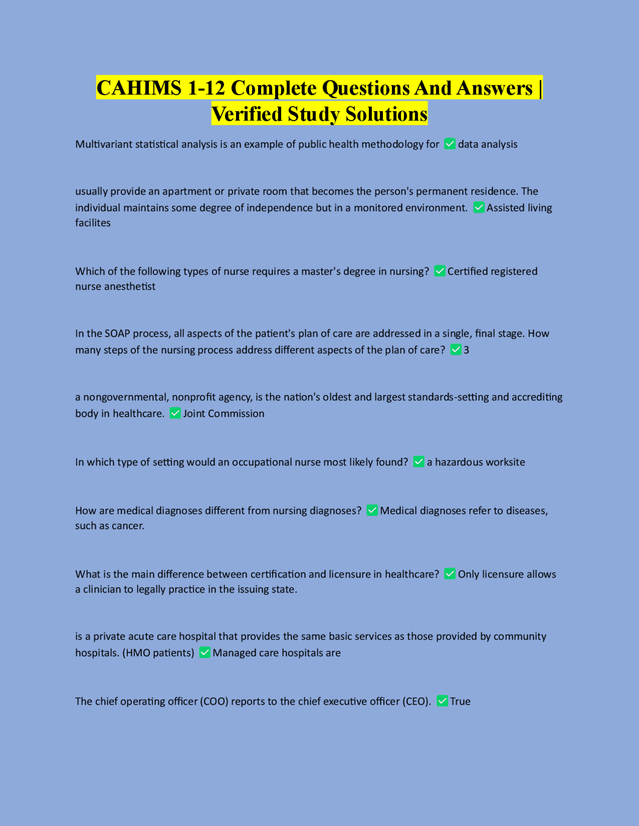 Healthcare Systems and Concepts: Questions and Answers | Exams Health ...