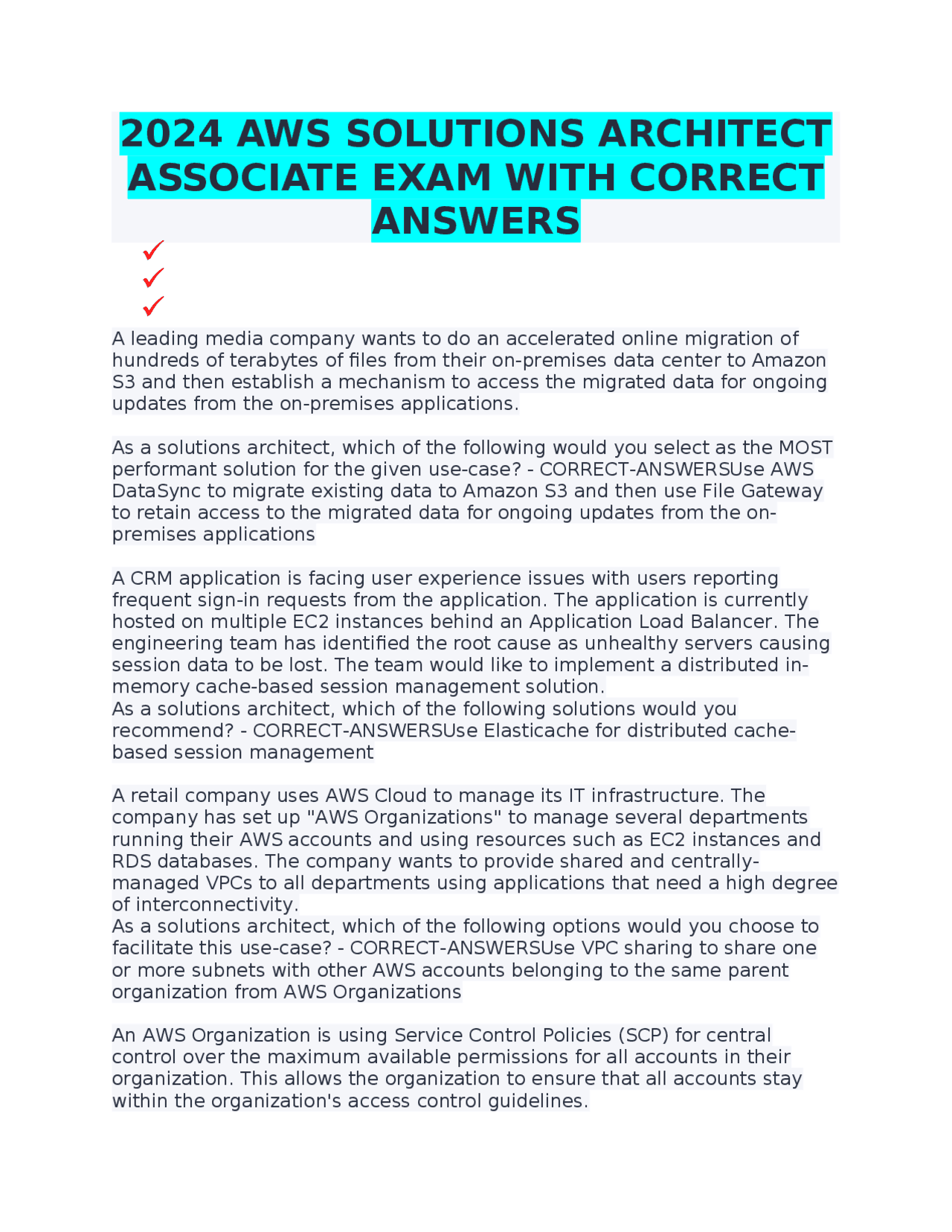 2024 AWS SOLUTIONS ARCHITECT ASSOCIATE EXAM WITH CORRECT ANSWERS ...