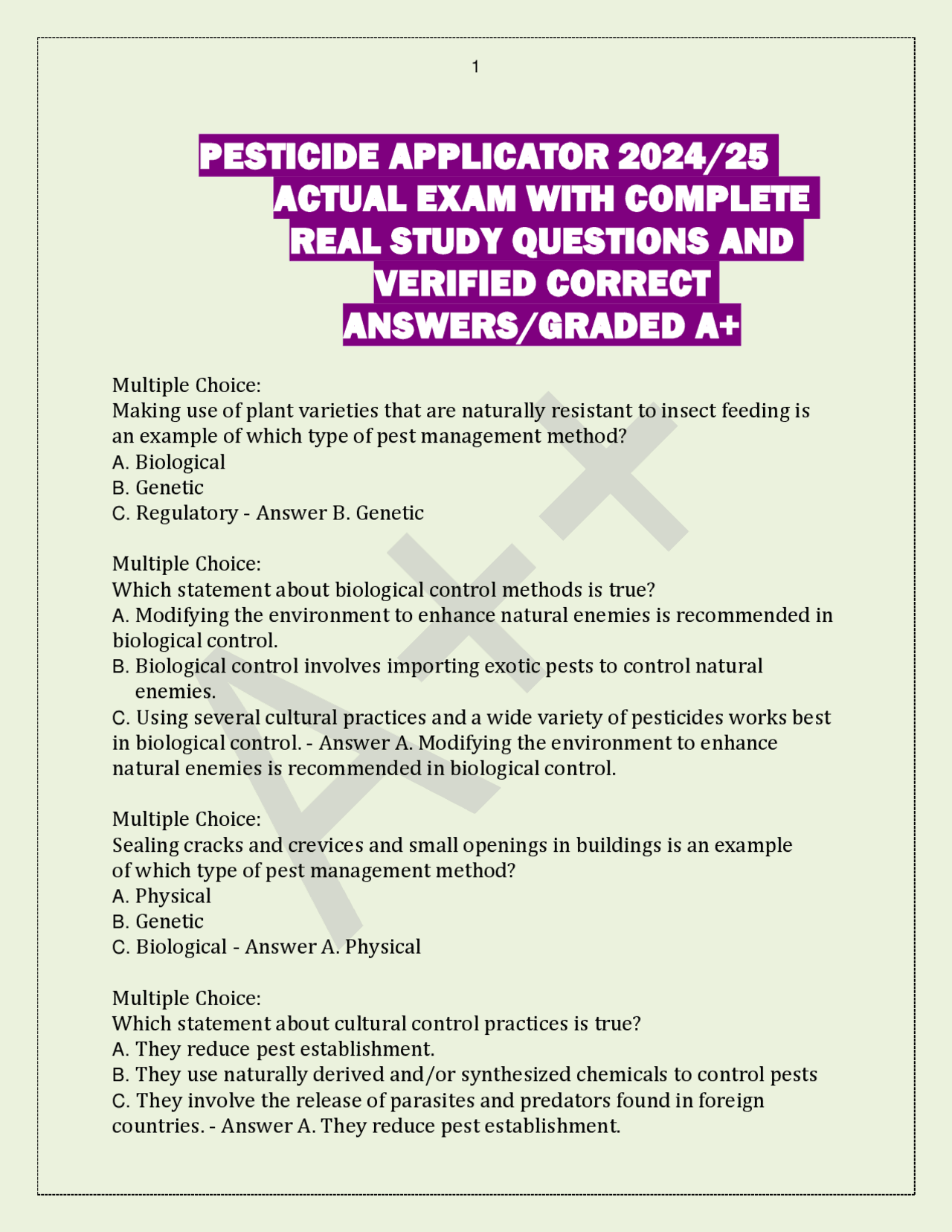 Pesticide Applicator Exam Study Guide: 2024/25 | Exams Nursing | Docsity