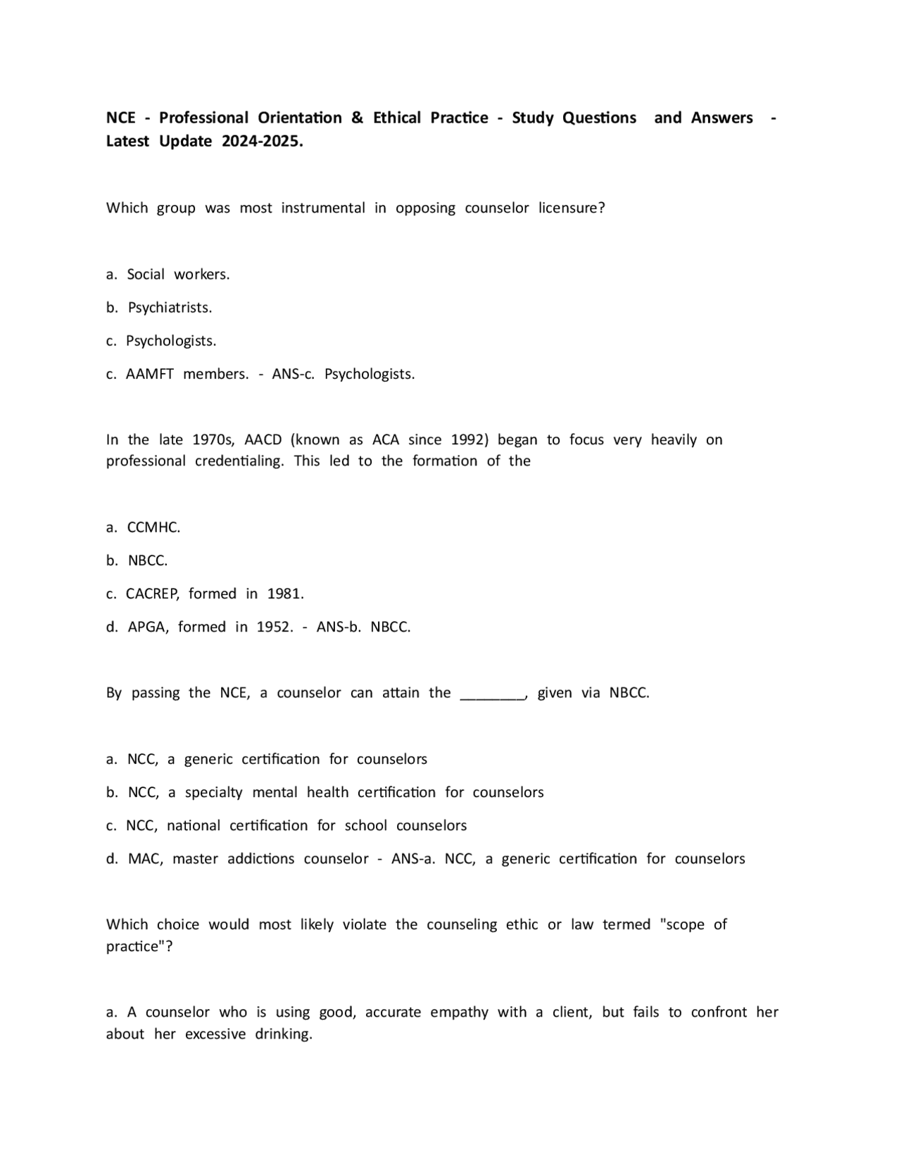NCE - Professional Orientation & Ethical Practice - Study Questions ...