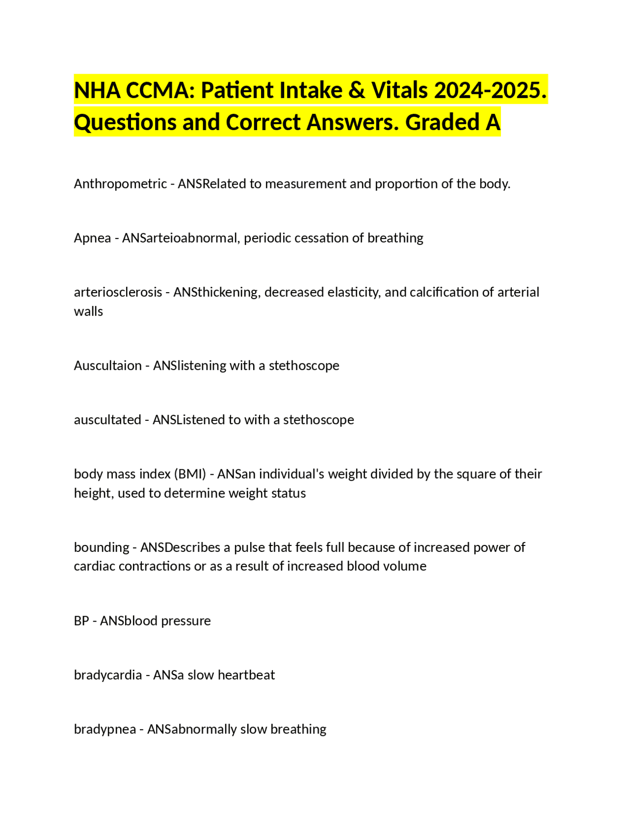 NHA CCMA: Patient Intake & Vitals 2024-2025. Questions and Correct ...