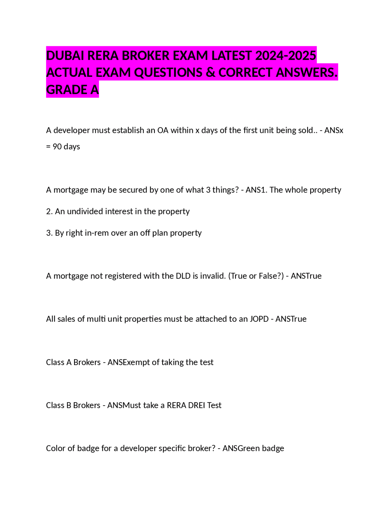 DUBAI RERA BROKER EXAM LATEST 2024-2025 ACTUAL EXAM QUESTIONS & CORRECT ...