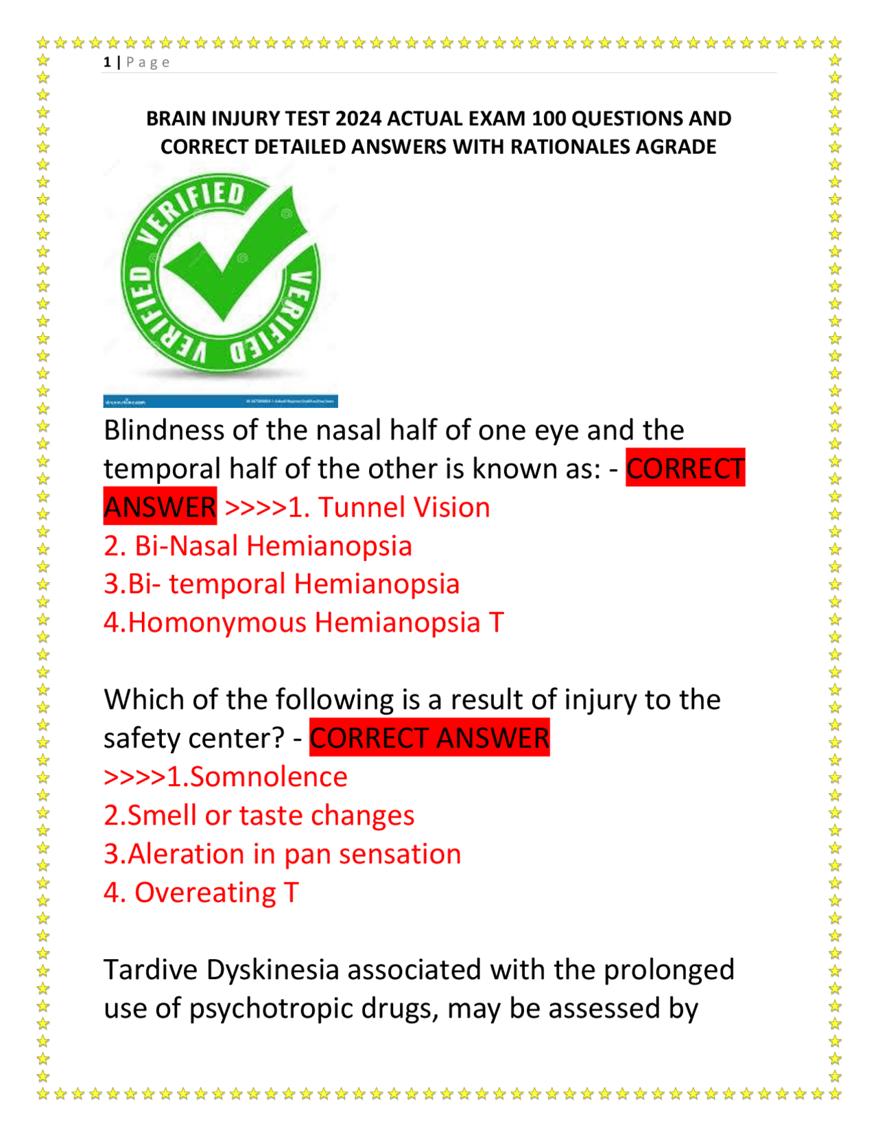 Brain Injury Test: 100 Questions and Answers with Rationales | Exams ...