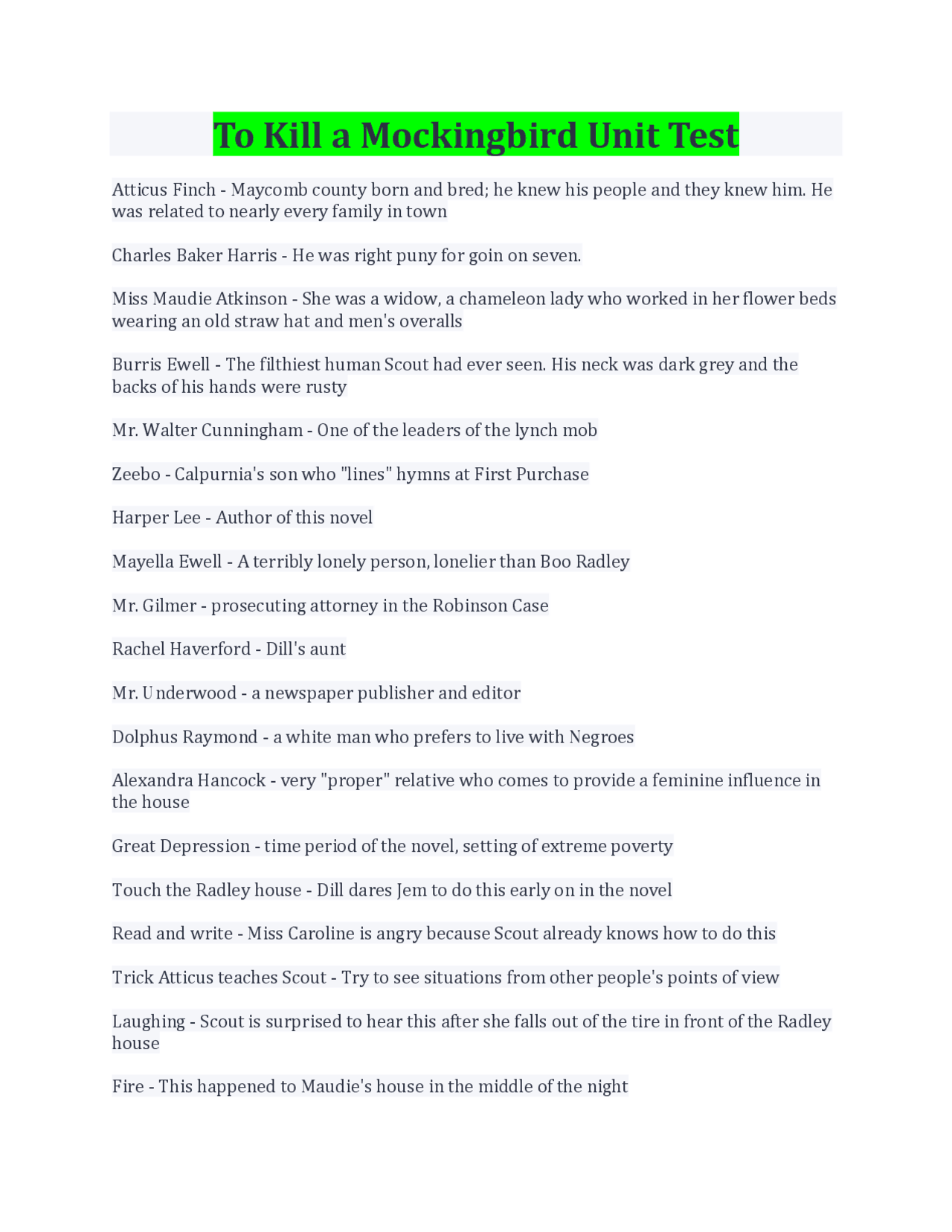 To Kill a Mockingbird Unit Test | Exams English Literature | Docsity