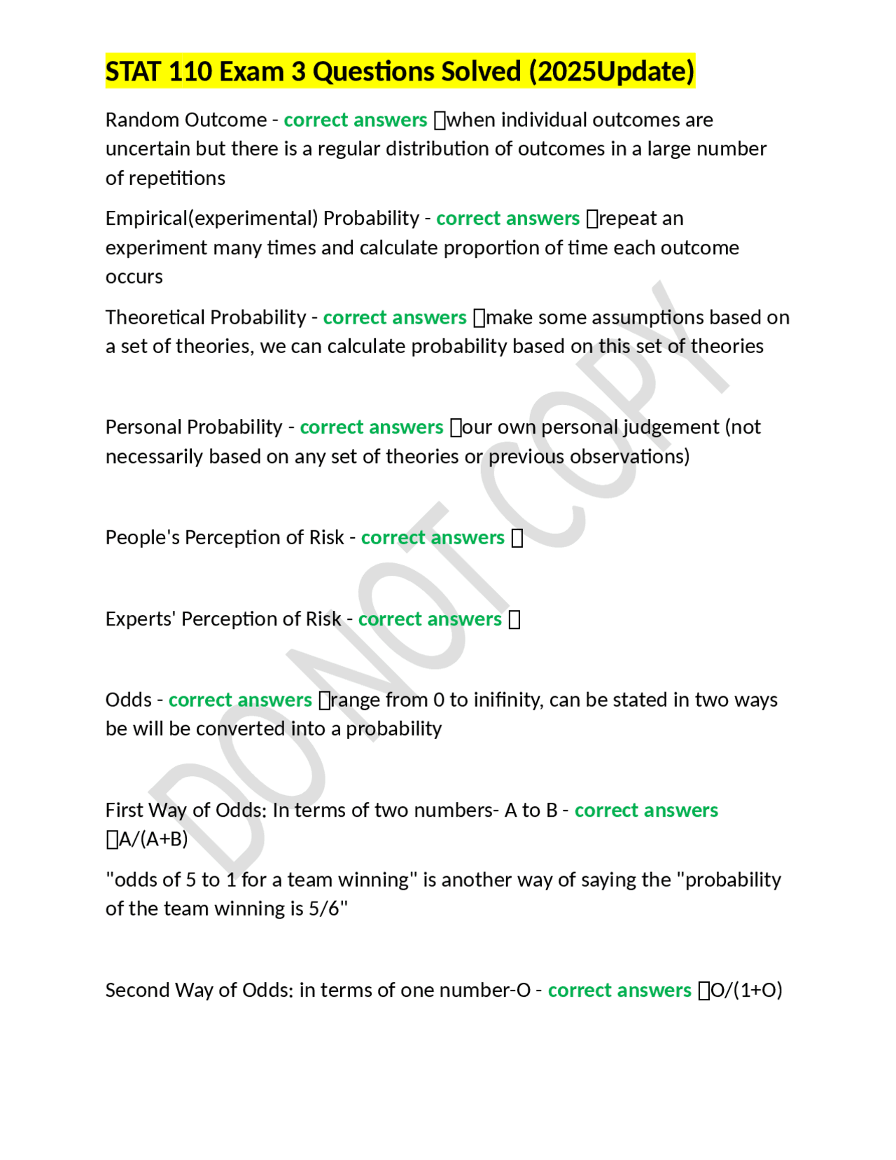 STAT 110 Exam 3 Solutions (2025): Probability & Statistics | Exams ...