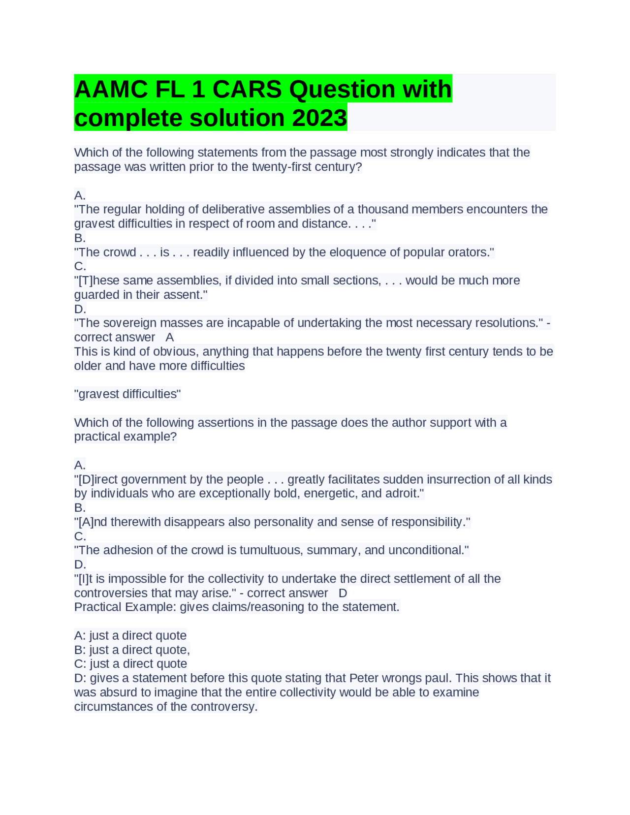 AAMC FL 1 CARS Question with complete solution 2024 | Exams Nursing ...