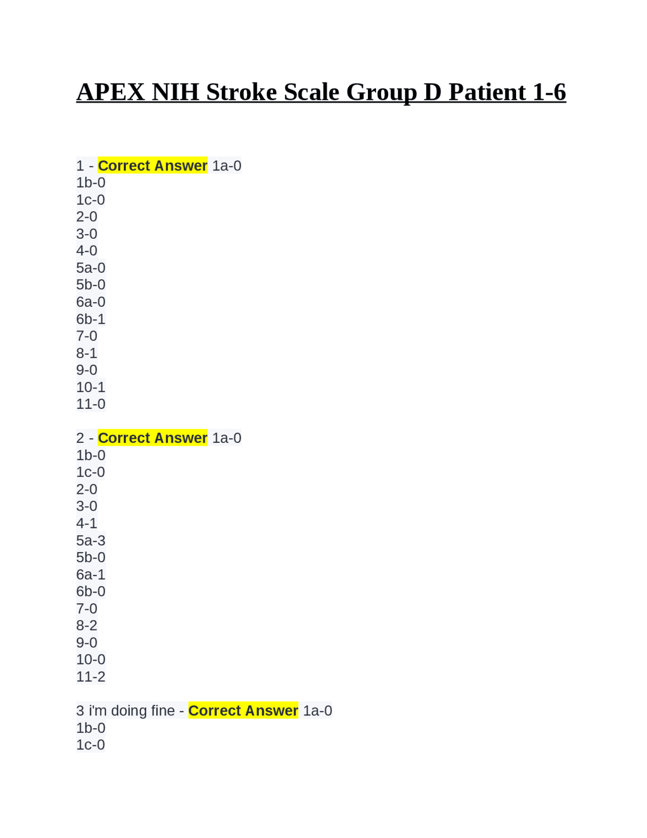 APEX NIH Stroke Scale Group D Patient 1-6 | Exams Nursing | Docsity